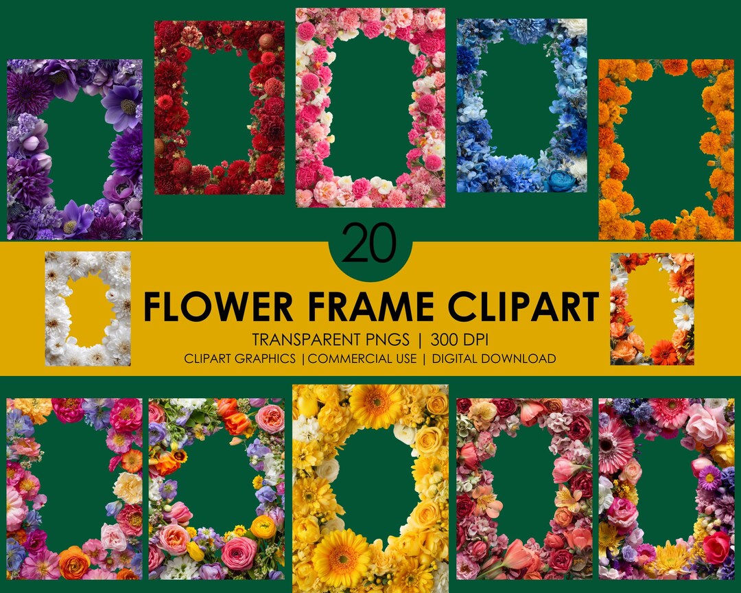 Floral Frame Clipart: Realistic Flower Wreath PNG Graphics (digital ...
