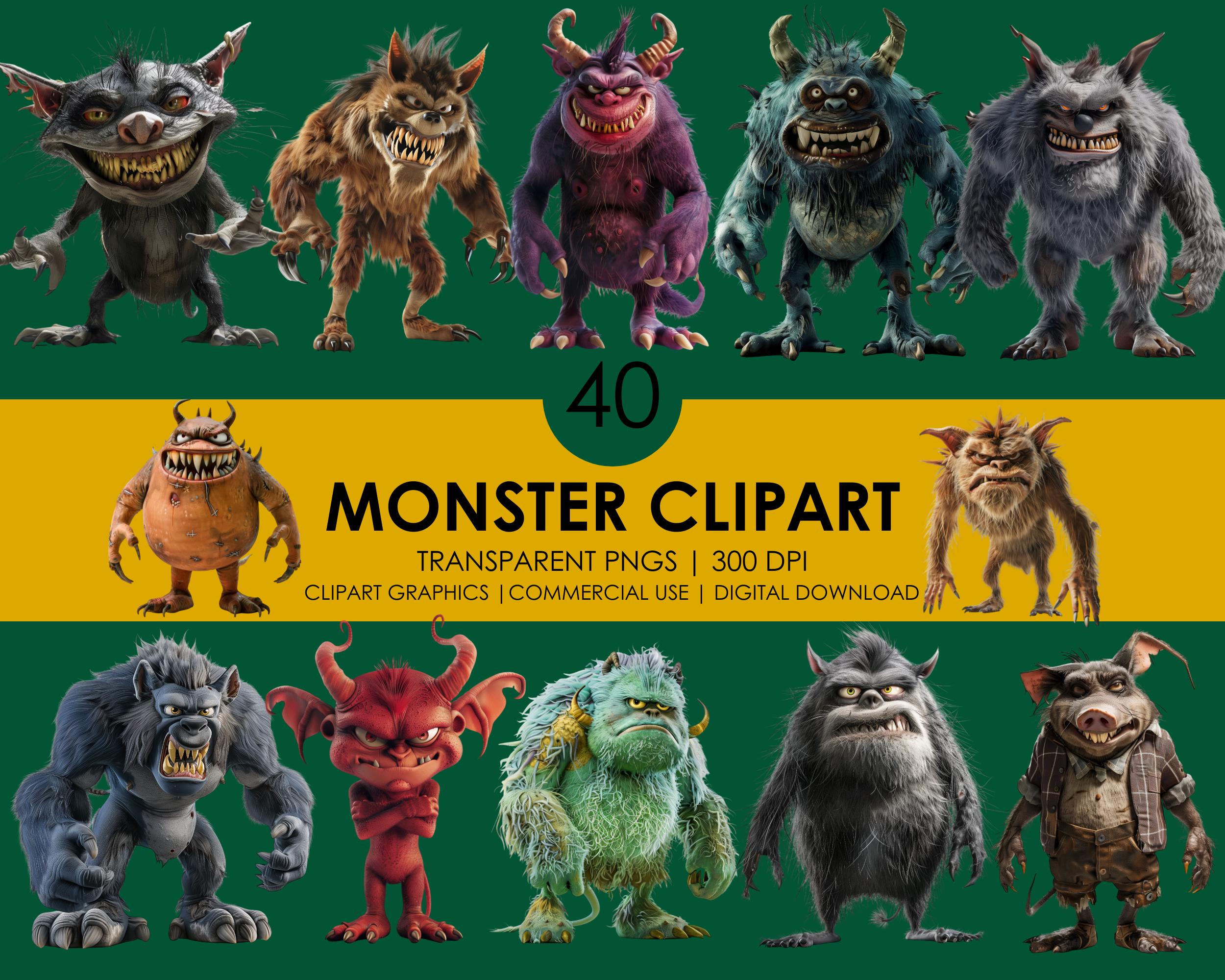 40 Halloween Monster Clipart: Cartoon PNG Graphics (digital Download ...
