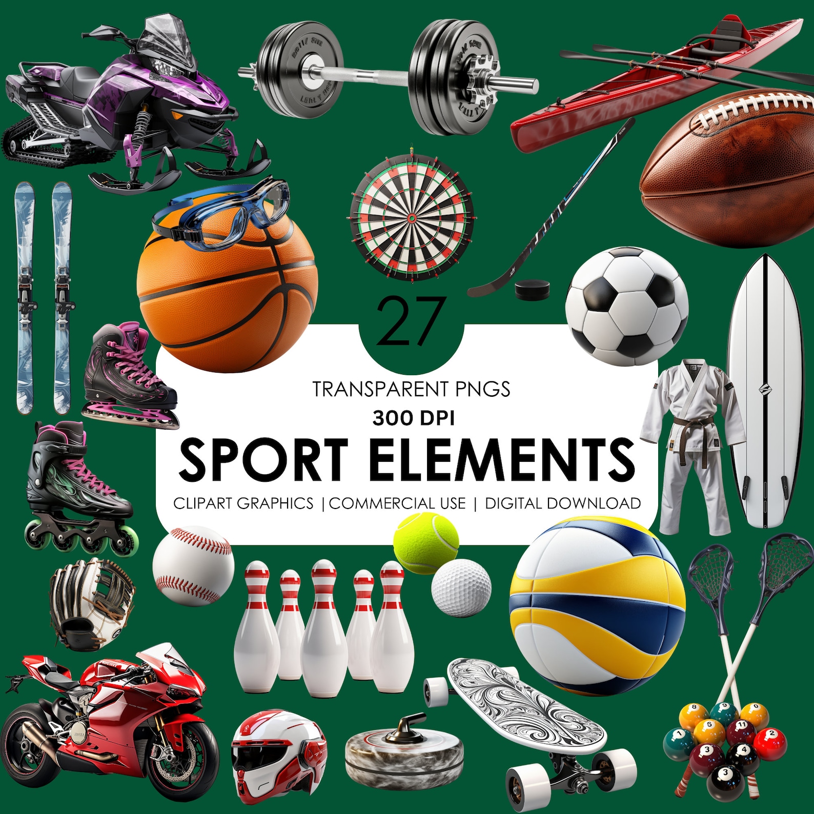 Sport Elements Clipart, Football, Basketball, Baseball, Goft, Hockey ...