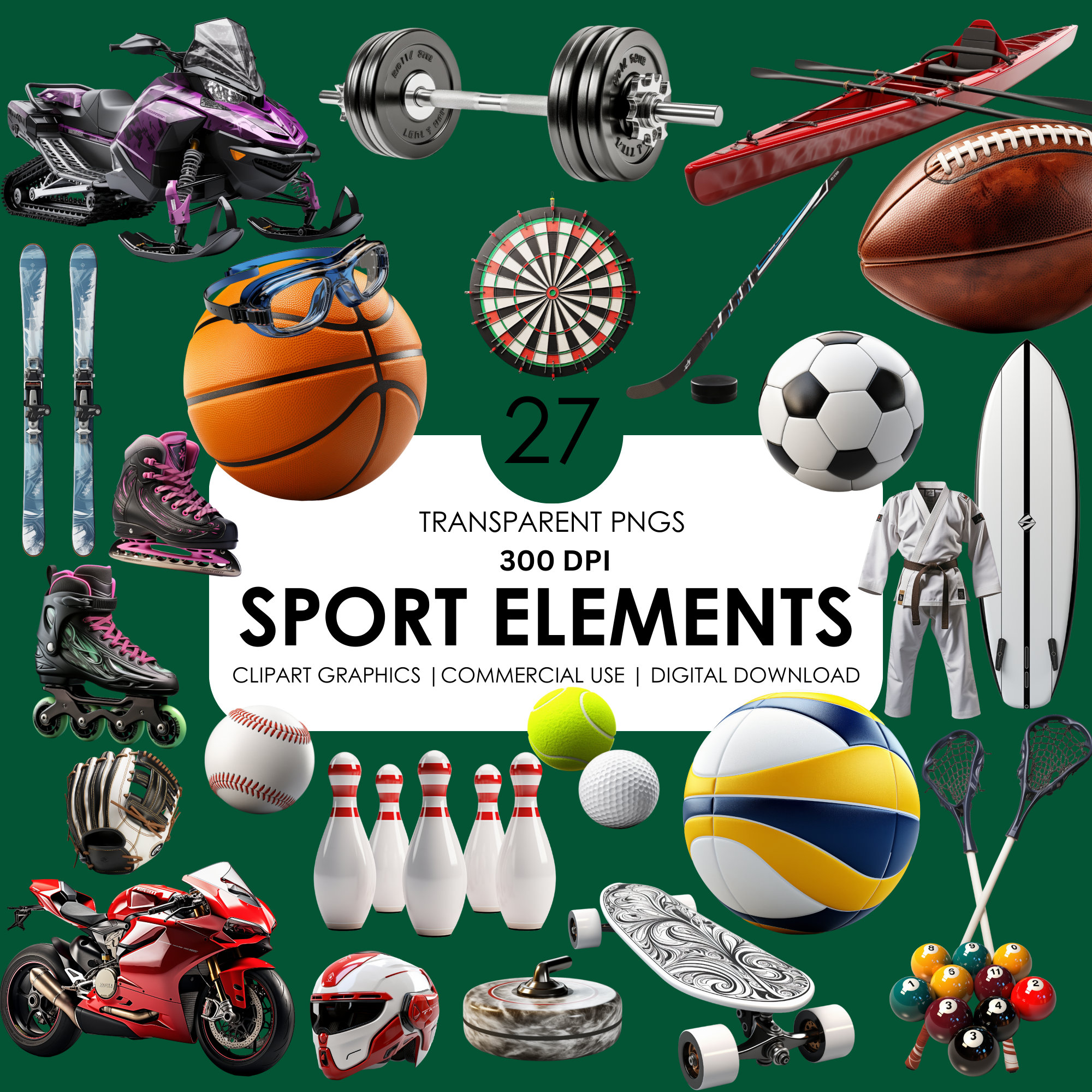 Sport Elements Clipart, Football, Basketball, Baseball, Goft, Hockey ...