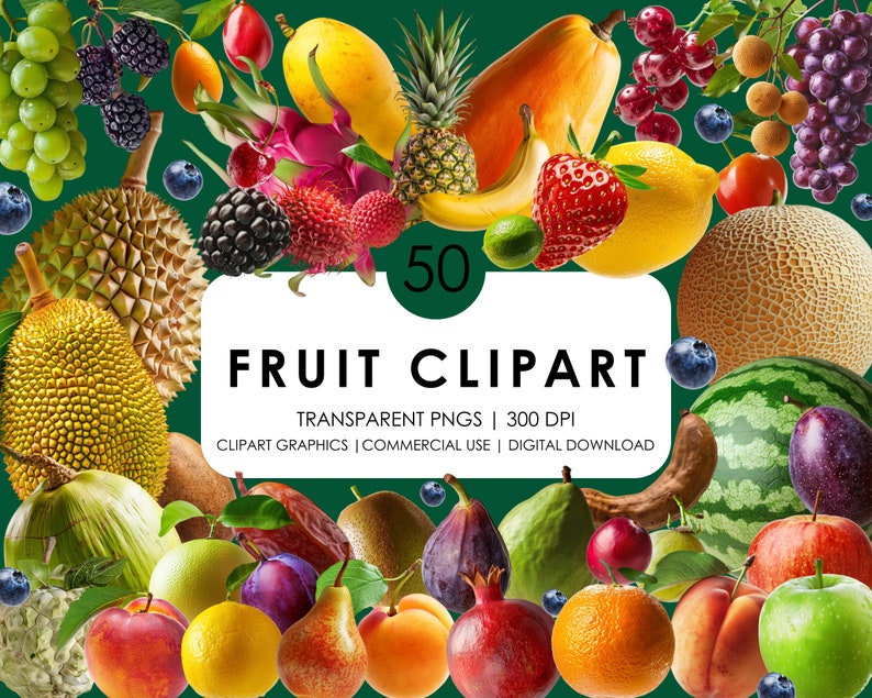 50 Fruit Clipart| Realistic Fruits Clipart | Apple| Fruits Png ...