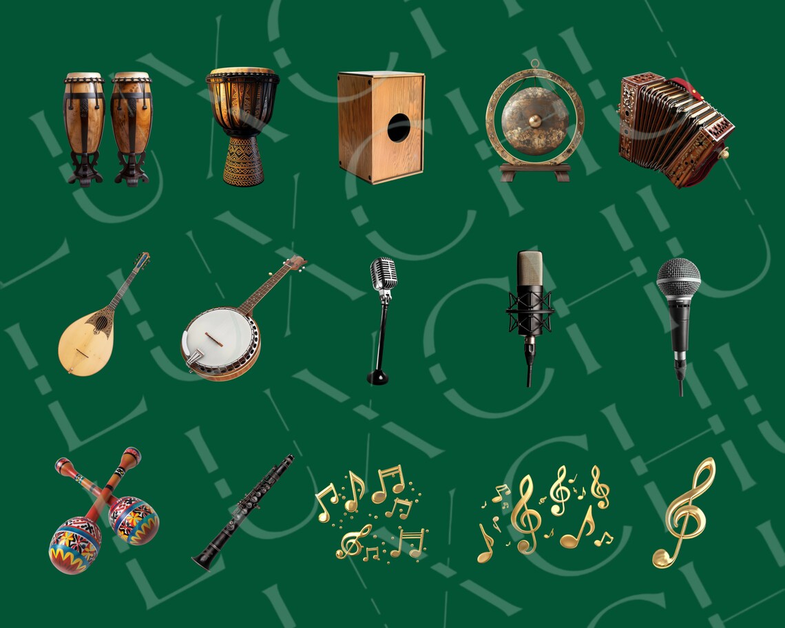30 Music Instruments Clipart| Musical Note| Realistic Clipart| Digital ...