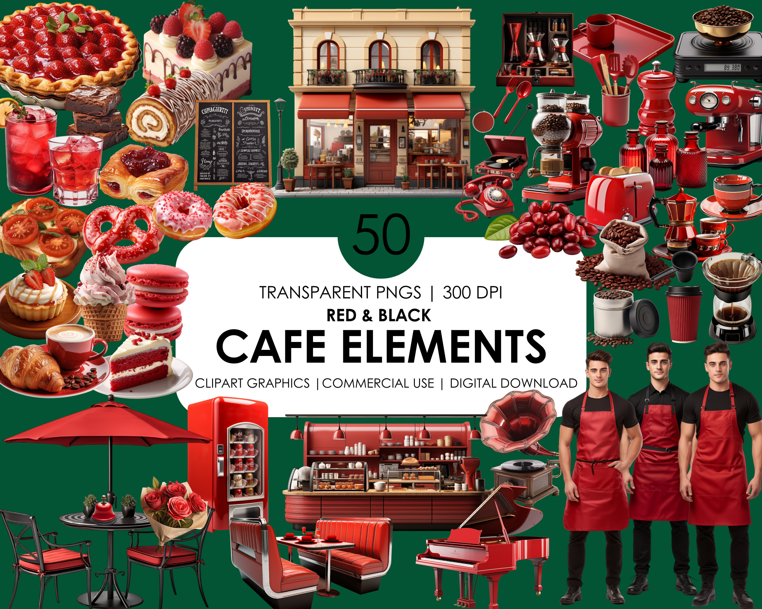 50 Cafe Elements Clipart, Red & Black, Realistic Clipart, Bakery ...