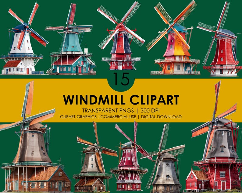 Rustic Windmill Clipart: Farmhouse Landscape PNG Graphics (digital ...