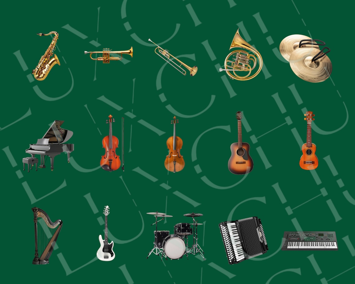 30 Music Instruments Clipart| Musical Note| Realistic Clipart| Digital ...