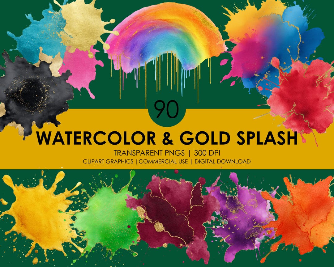 Watercolor & Gold Splash Clipart: Abstract Paint Strokes, Luxury Ink ...
