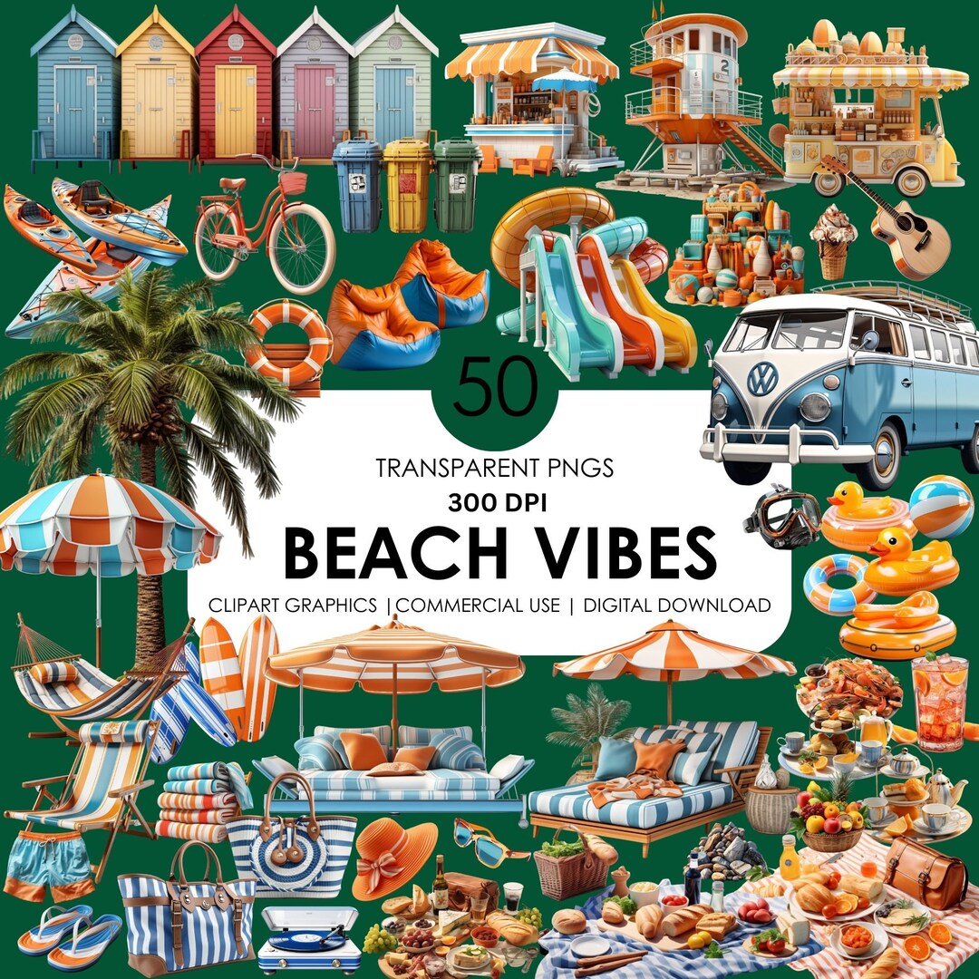 50 Beach Vibes, Summer on the Beach, Realistic Clipart, Digital Beach ...