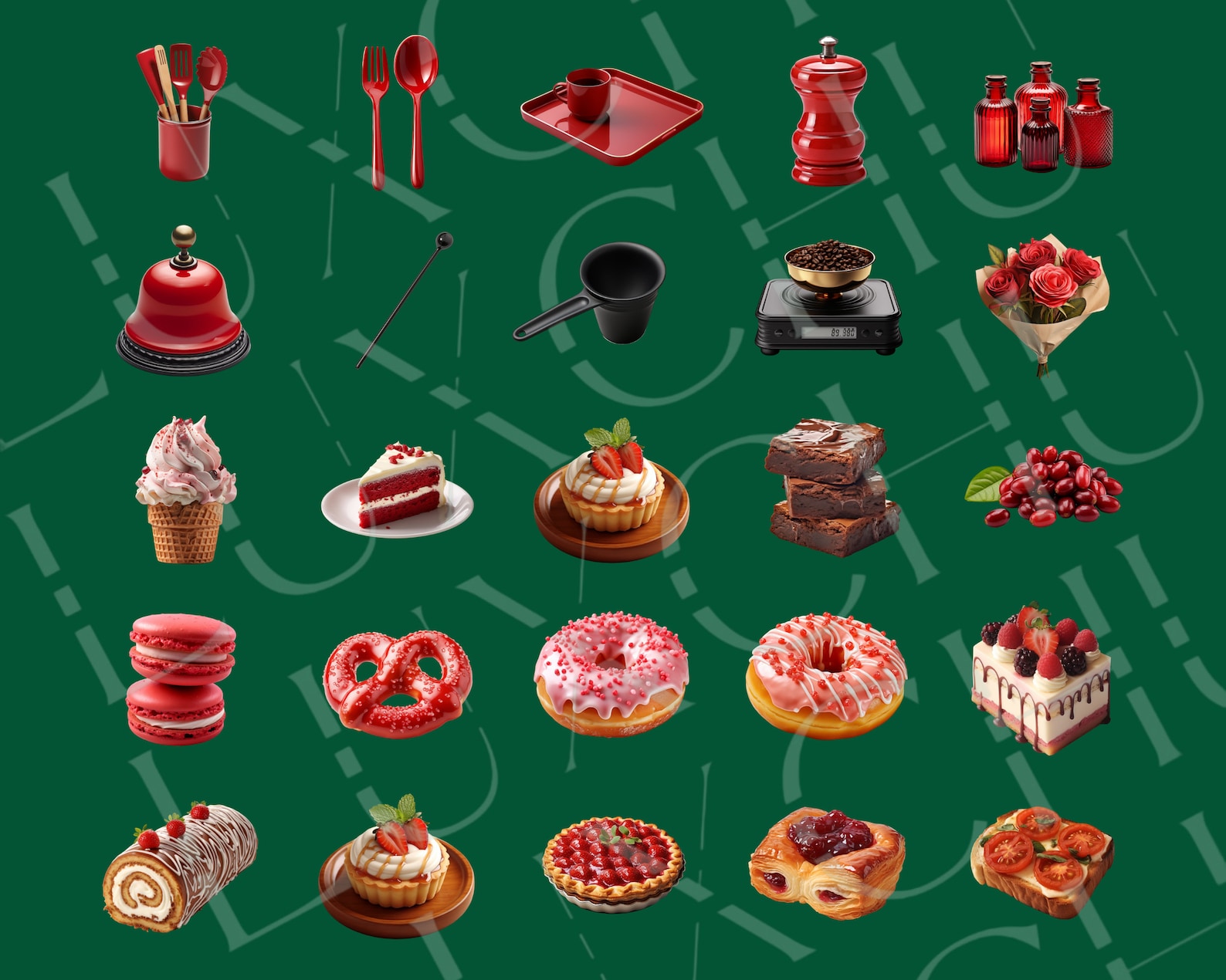 50 Cafe Elements Clipart, Red & Black, Realistic Clipart, Bakery ...