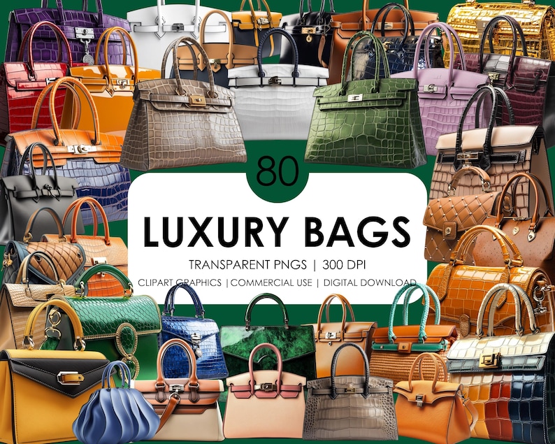 Luxury Handbag Clipart: 80 Fashion Bag PNG Graphics (digital Download ...