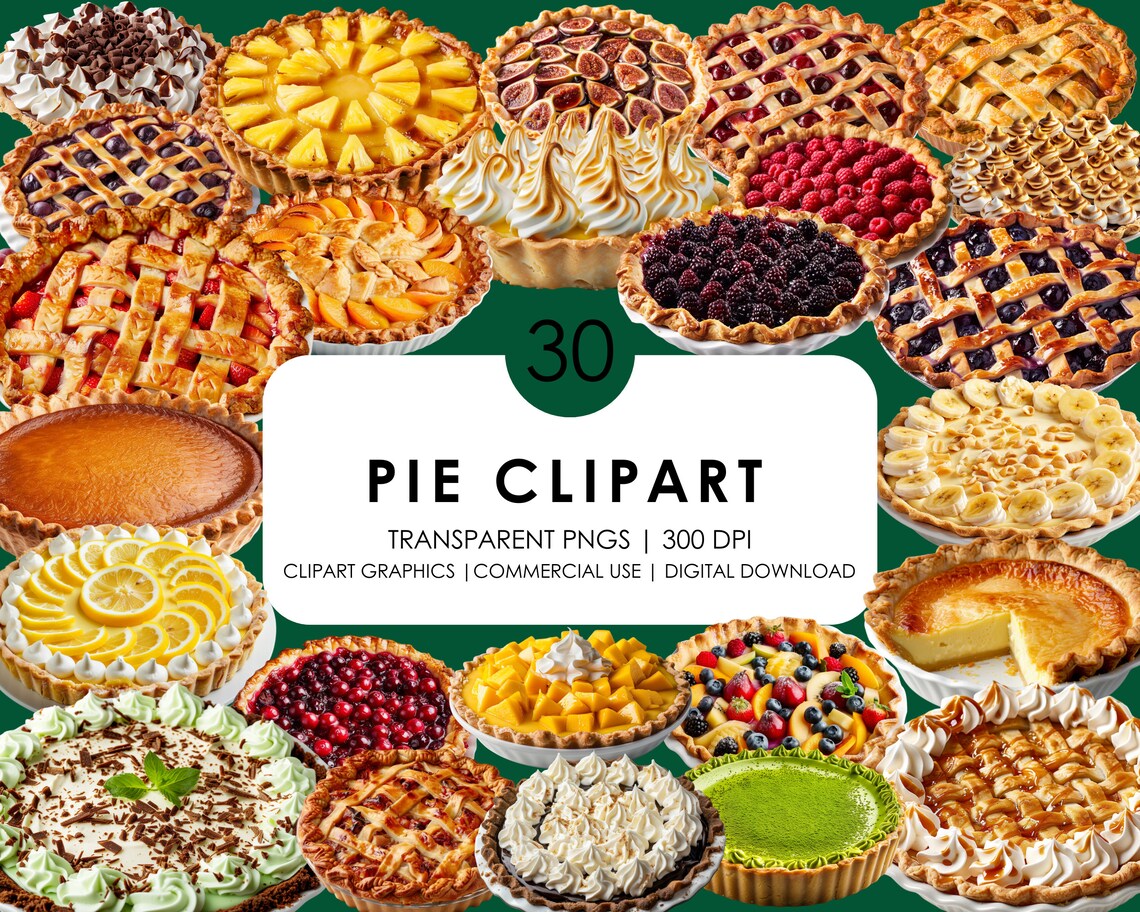 30 Pie Clipart| Realistic Pie Clipart Bundle| Dessert Clipart| Bakery ...