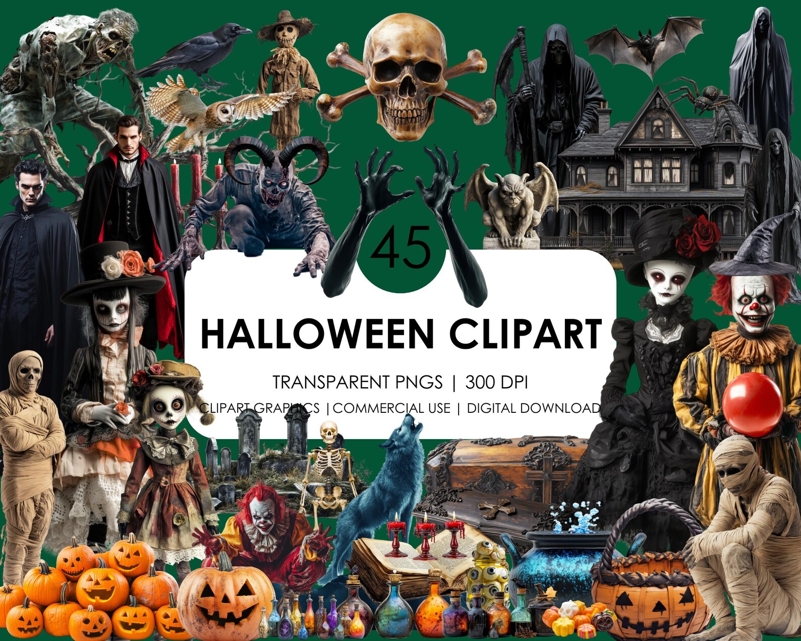 45 Creepy Halloween Clipart| Spooky Halloween Graphics| Realistic ...