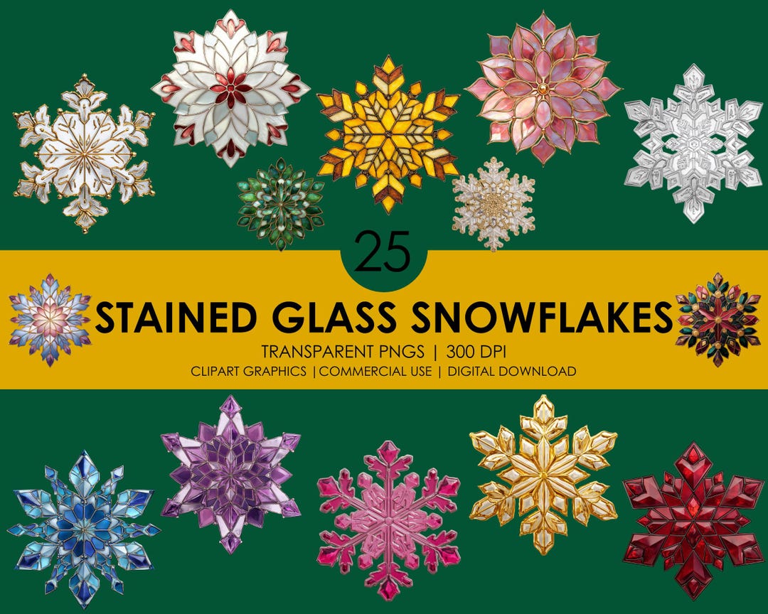 25 Stained Glass Snowflake Clipart, Christmas PNG, Realistic Snowflake ...