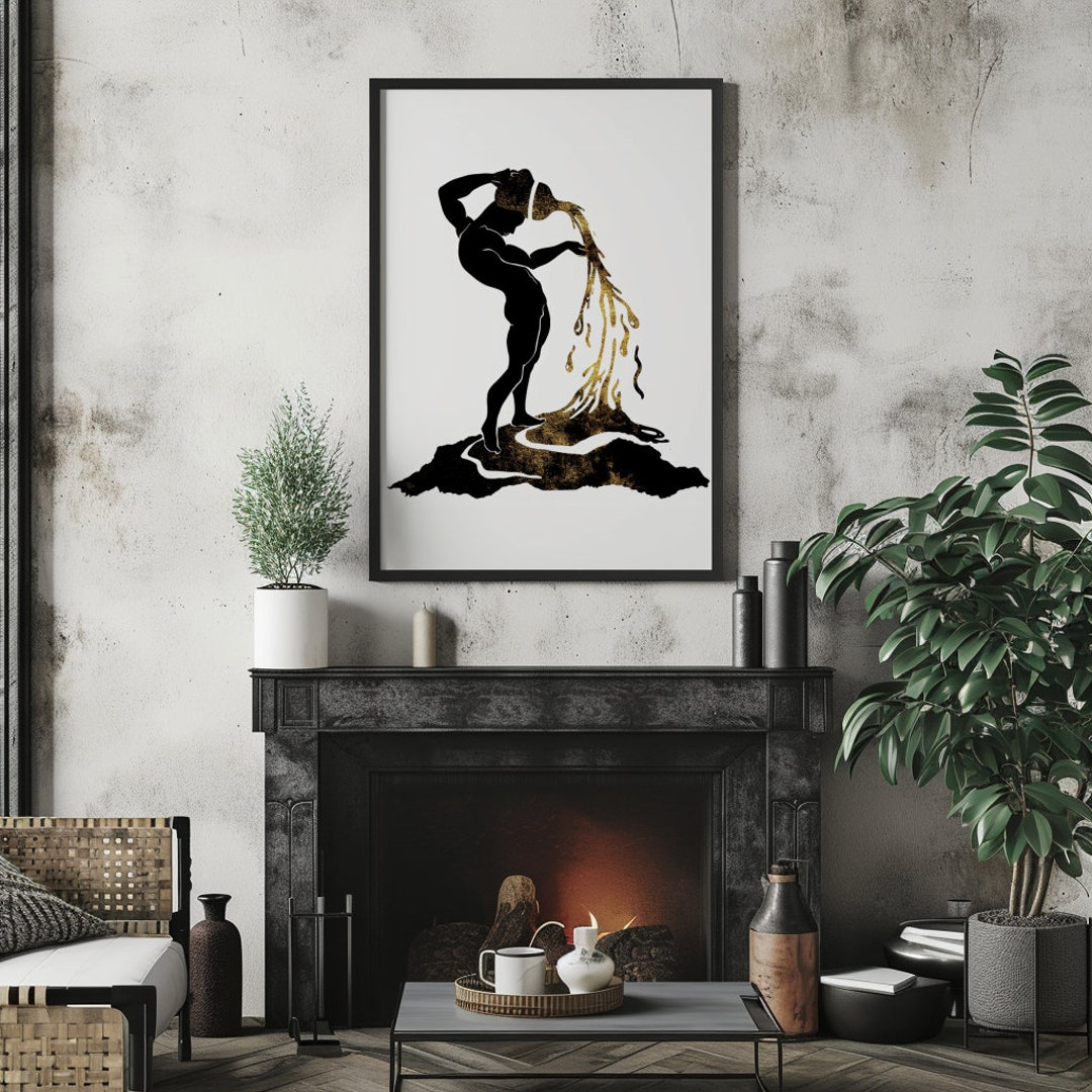 Aquarius Printable Painting Wall Art, Zodiac Poster, Black and Gold ...