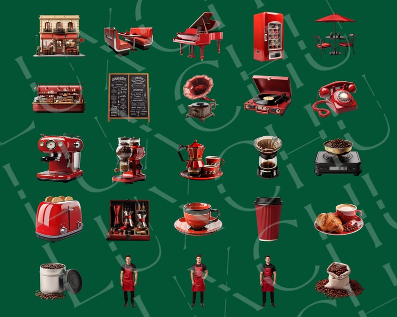 50 Cafe Elements Clipart, Red & Black, Realistic Clipart, Bakery ...
