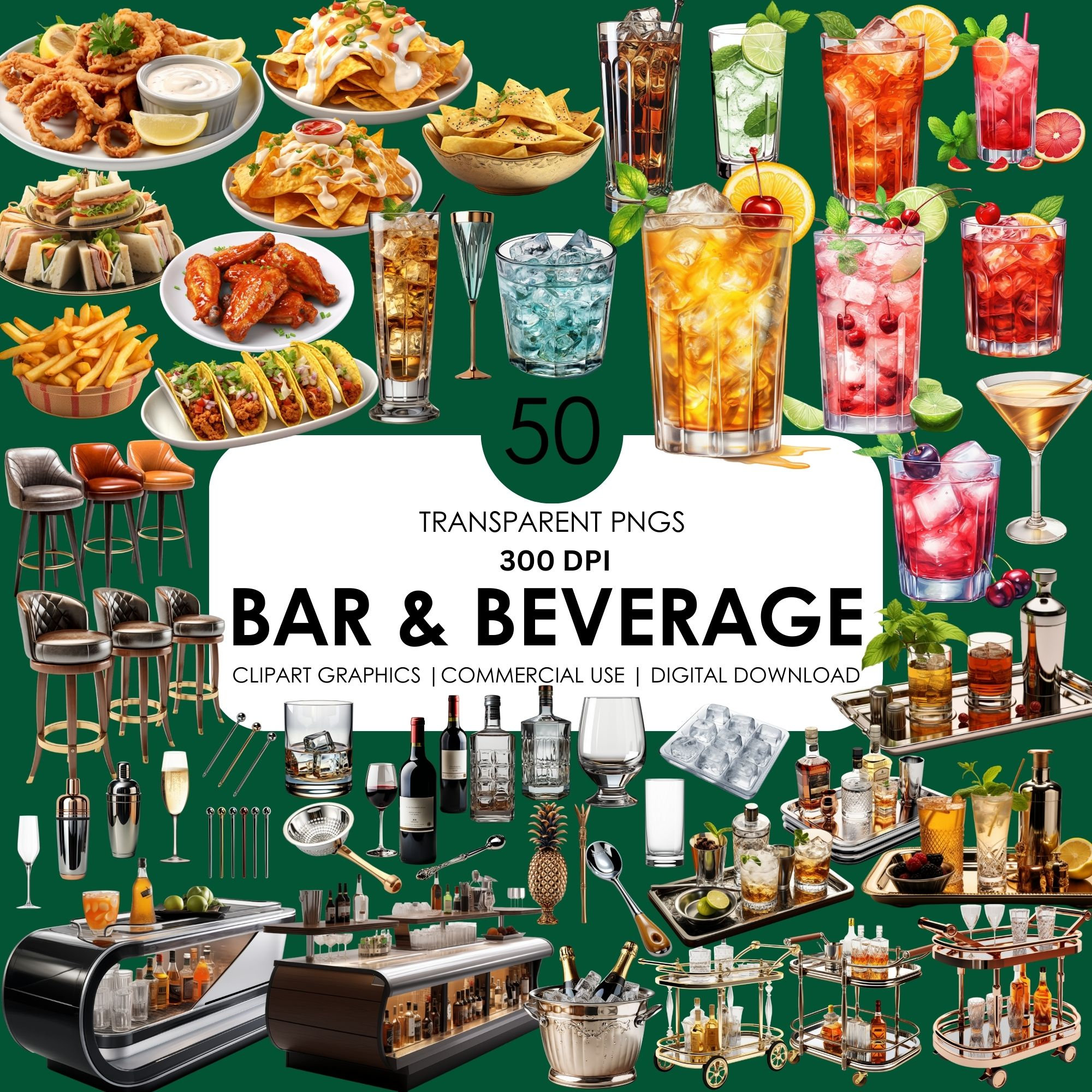 Bar & Beverage Elements Clipart Bundle 50 Pngs Format - Instant ...