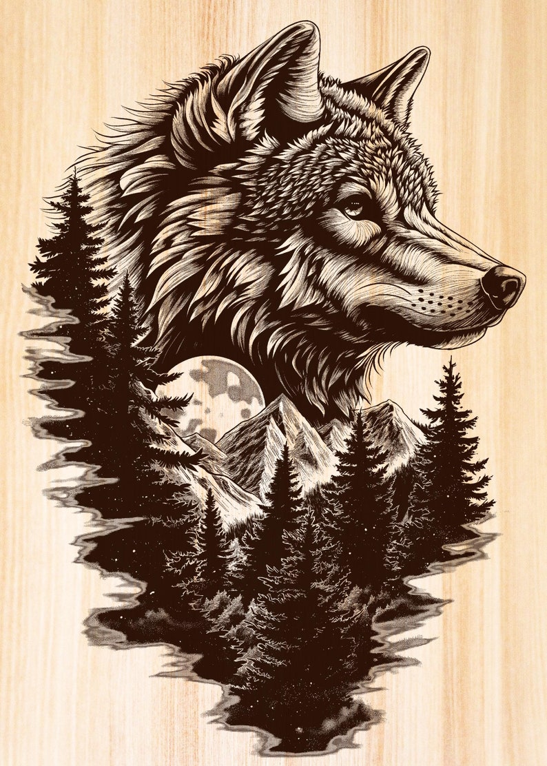 Wolf Laser Burn File, Wolf in the Forest Scene Engraving Laser Projects ...