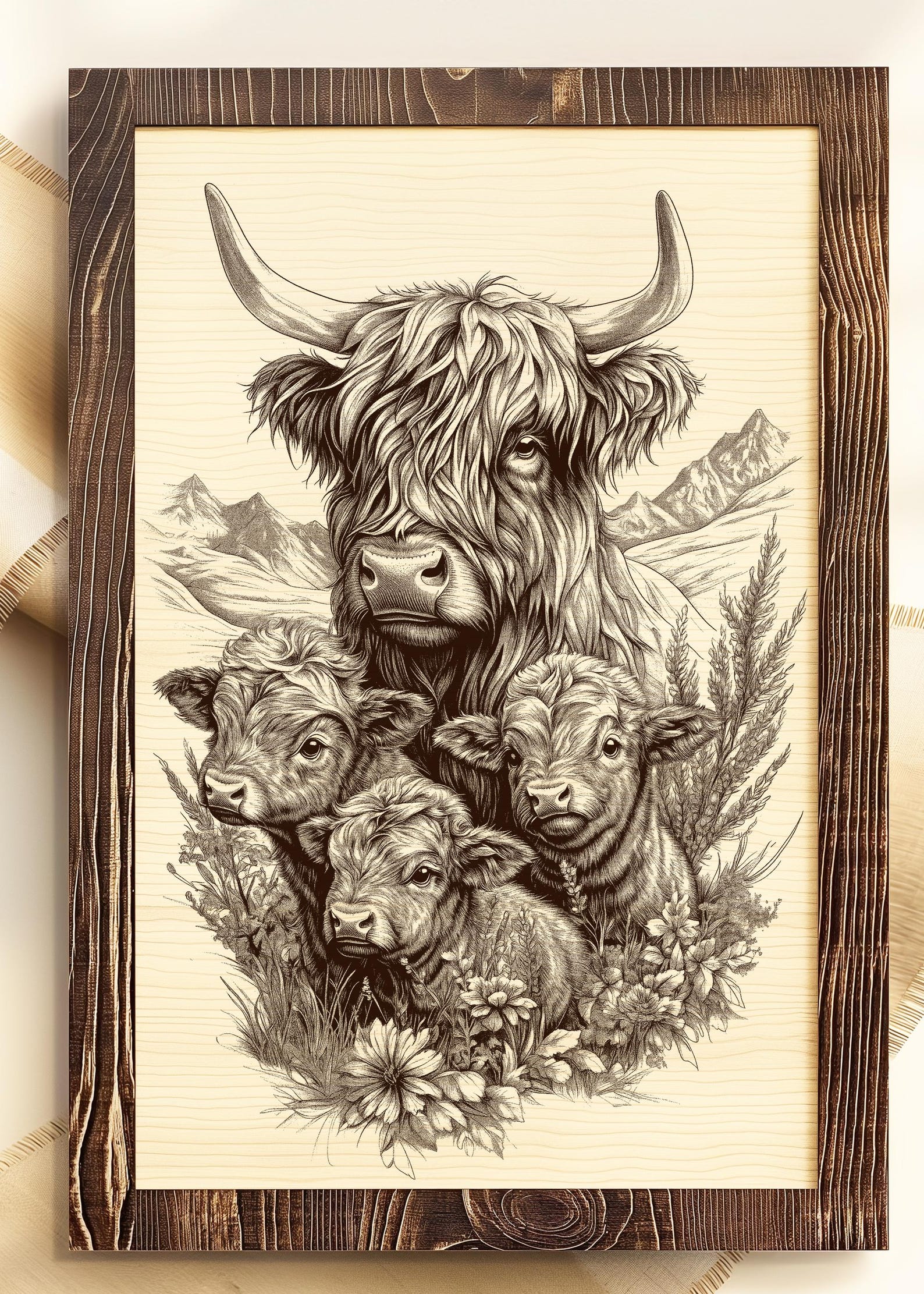 Baby Highland Cow Laser Burn File, Highland Cow and Mountain Scene ...