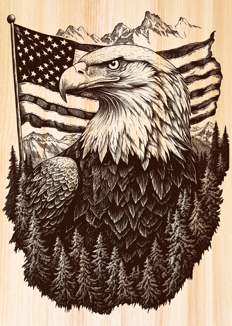 Eagle and American Flag Laser Burn File, Eagle and Wildlife Scene ...