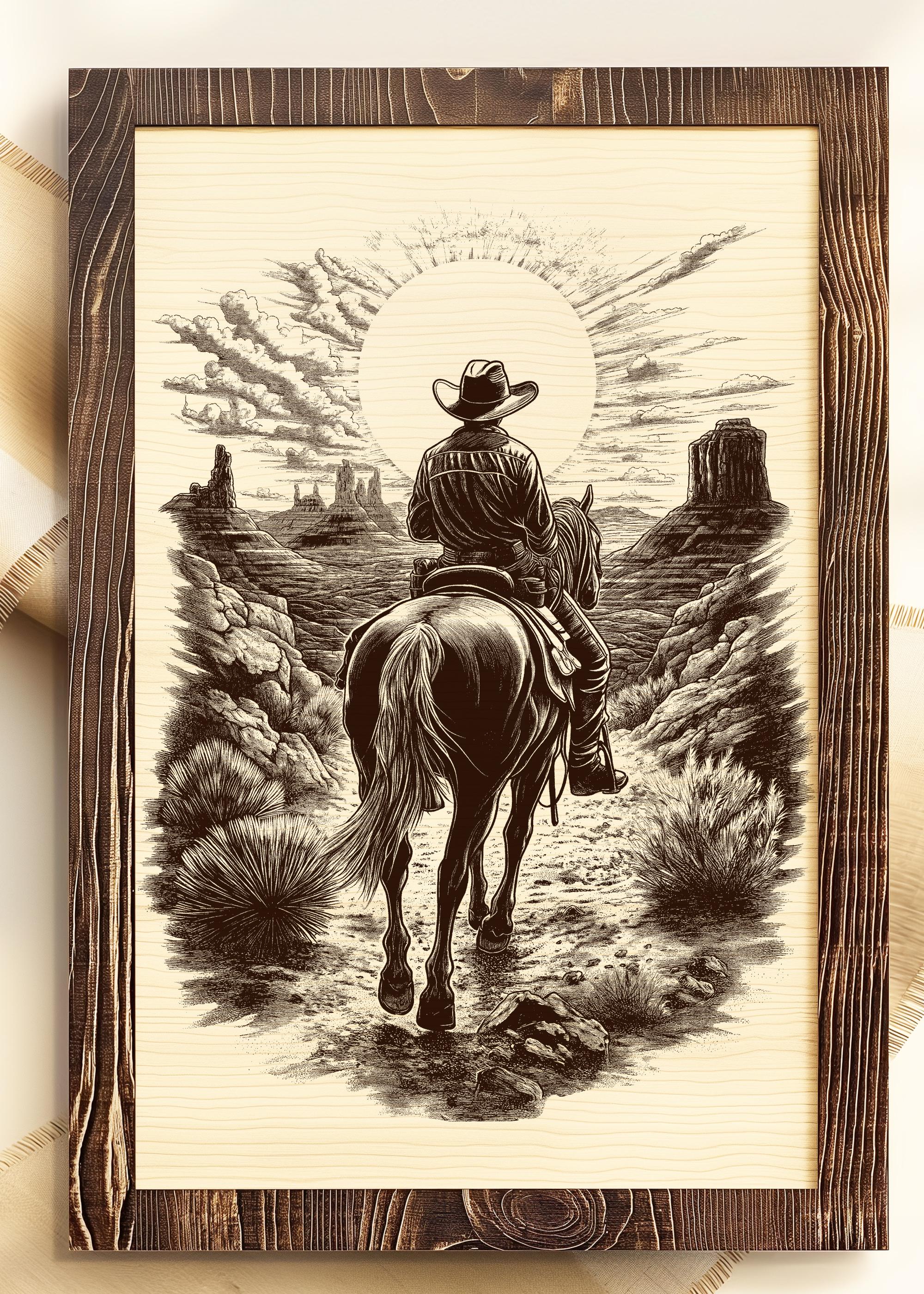 Cowboy Laser Burn File, Cowboy Riding a Horse in the Middle of a Valley ...