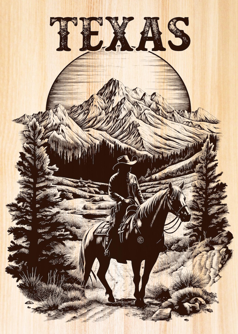 Texas Laser Burn File, Cowboy Riding a Horse Scene Engraving Laser ...