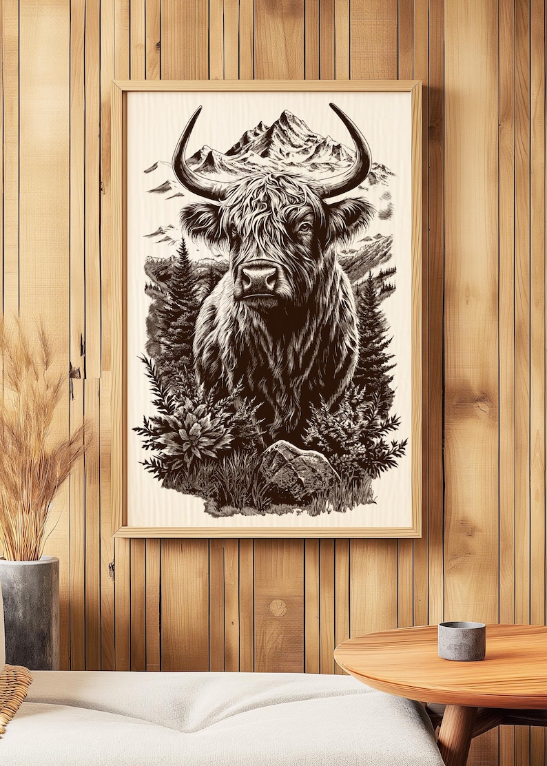 Highland Cow Laser Burn File, Highland Cow and Mountain Scene Engraving ...