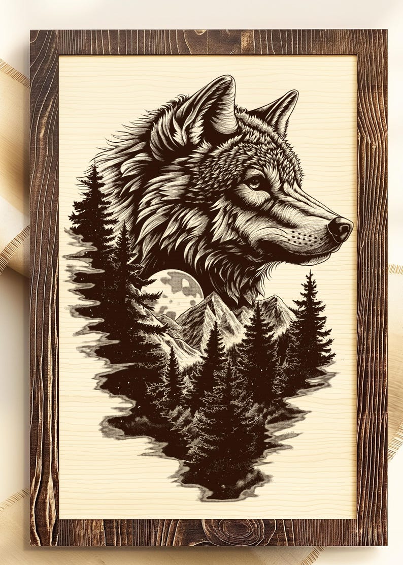 Wolf Laser Burn File, Wolf in the Forest Scene Engraving Laser Projects ...