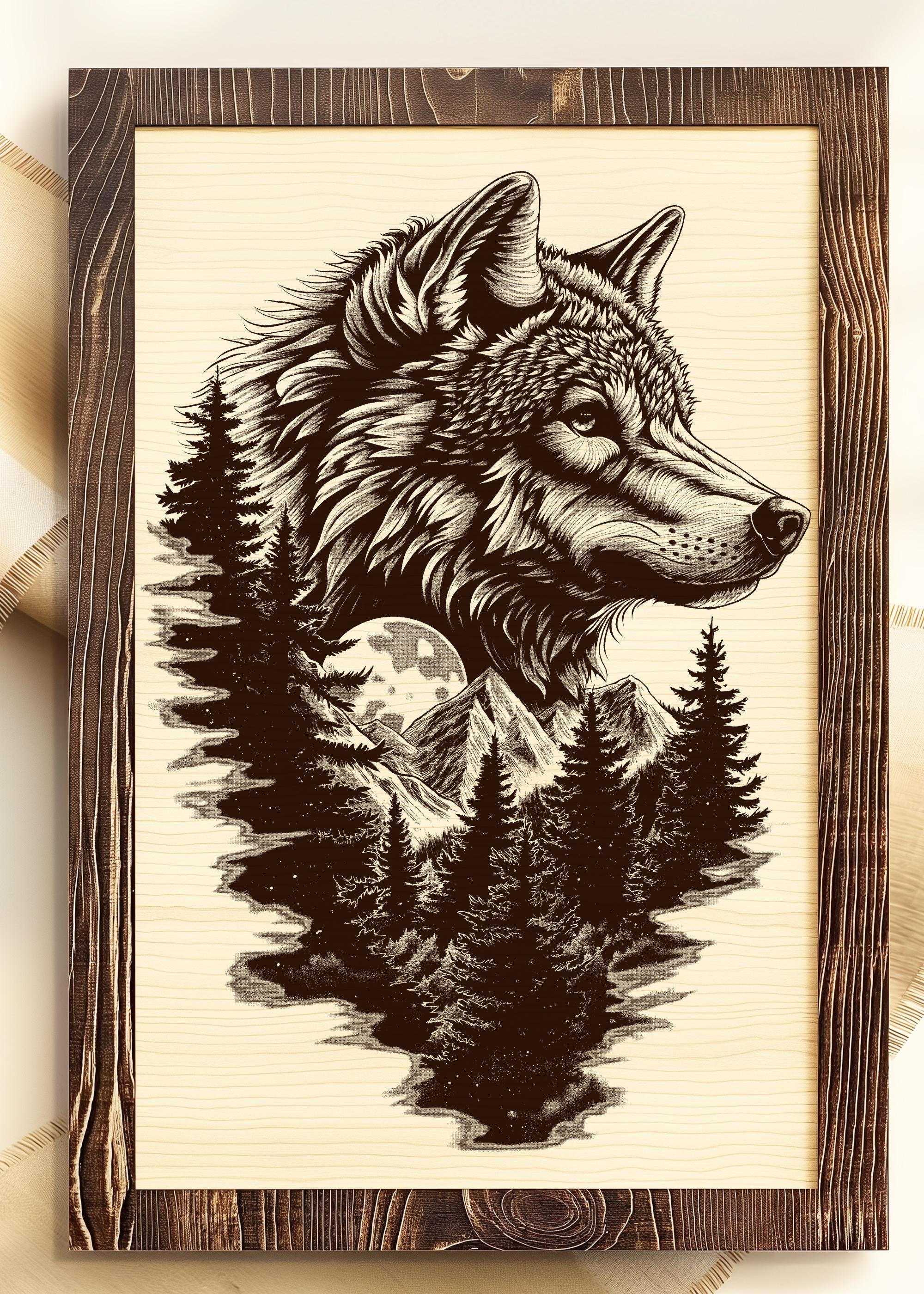 Wolf Laser Burn File, Wolf in the Forest Scene Engraving Laser Projects ...