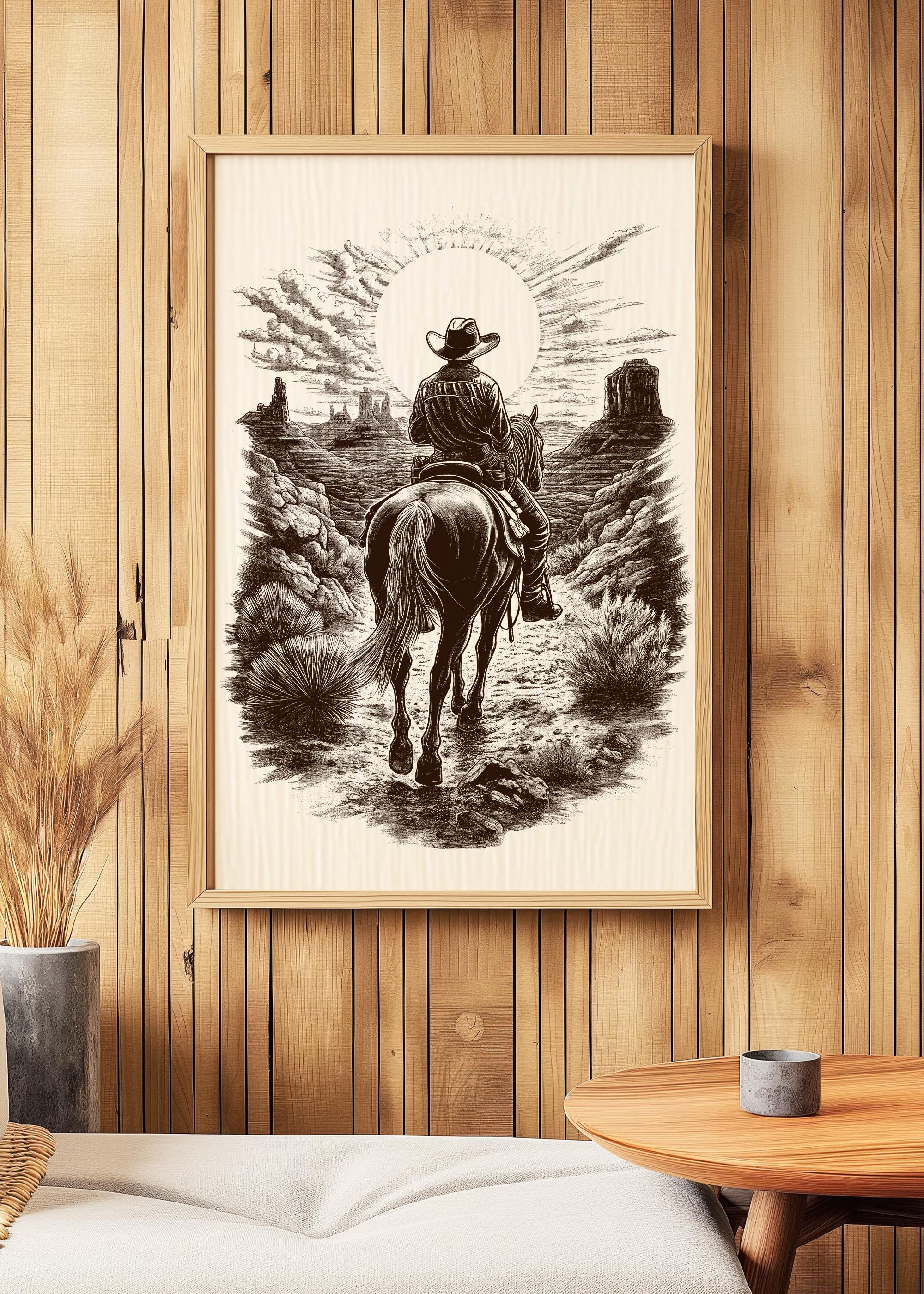 Cowboy Laser Burn File, Cowboy Riding a Horse in the Middle of a Valley ...