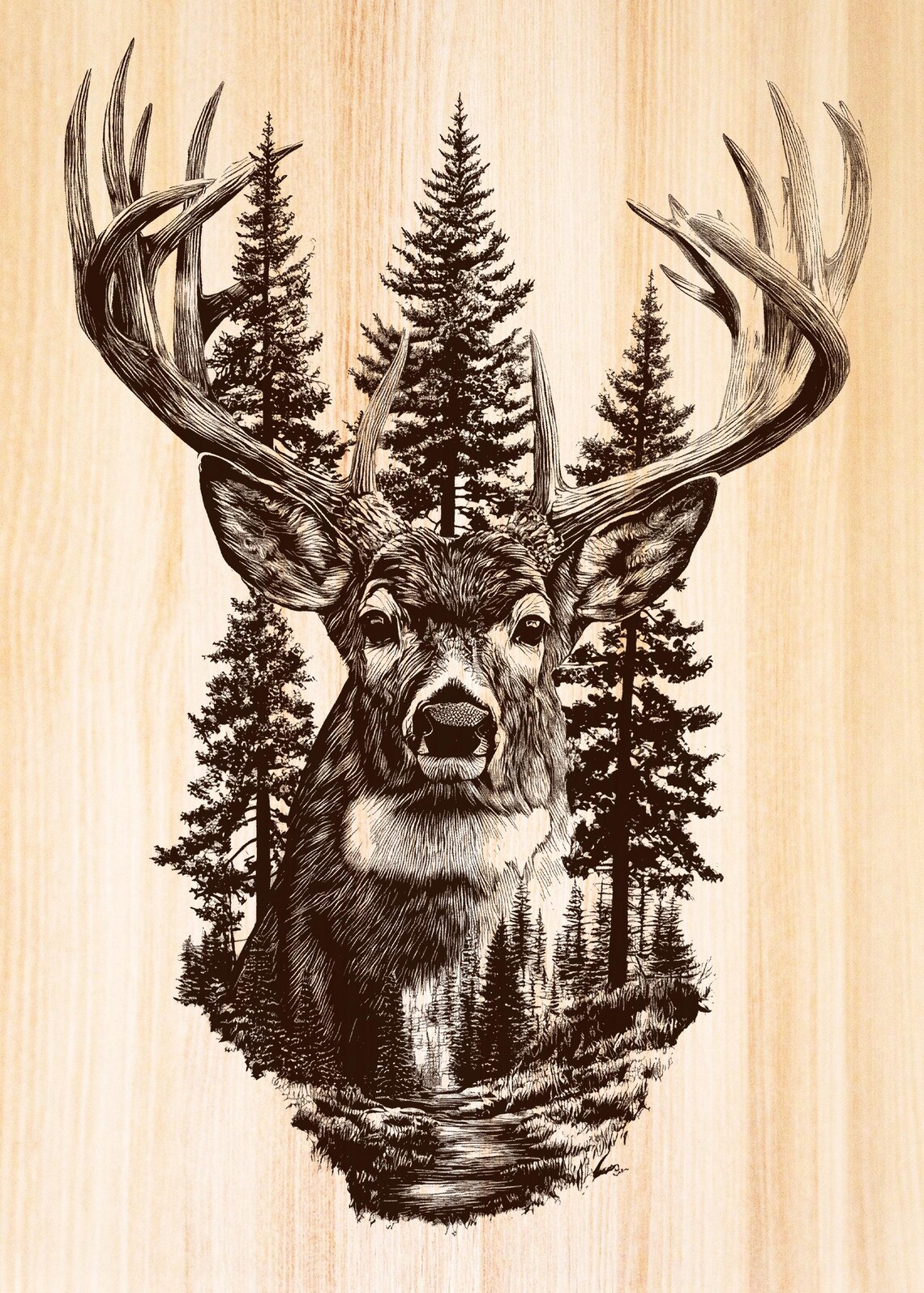 Deer in the Pines Double Exposure, Rustic Hunting Scene Engraving Laser ...