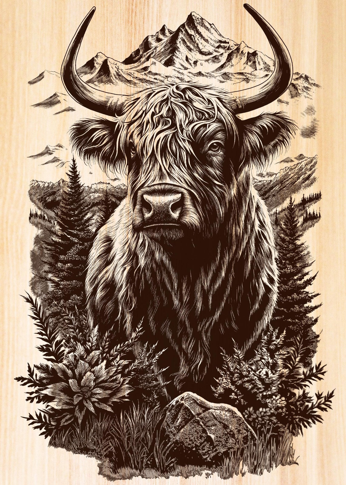 Highland Cow Laser Burn File, Highland Cow and Mountain Scene Engraving ...