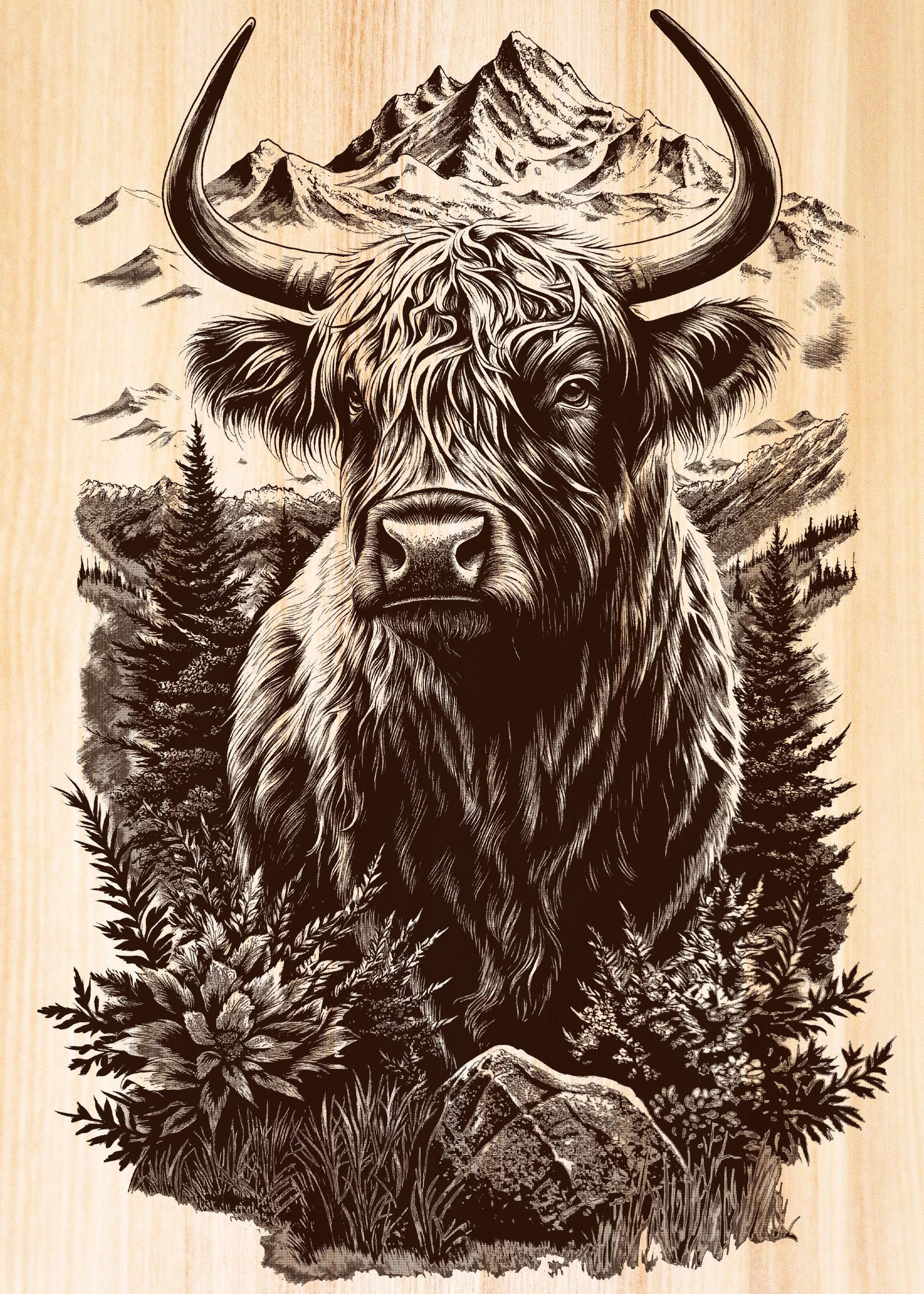 Highland Cow Laser Burn File, Highland Cow and Mountain Scene Engraving ...