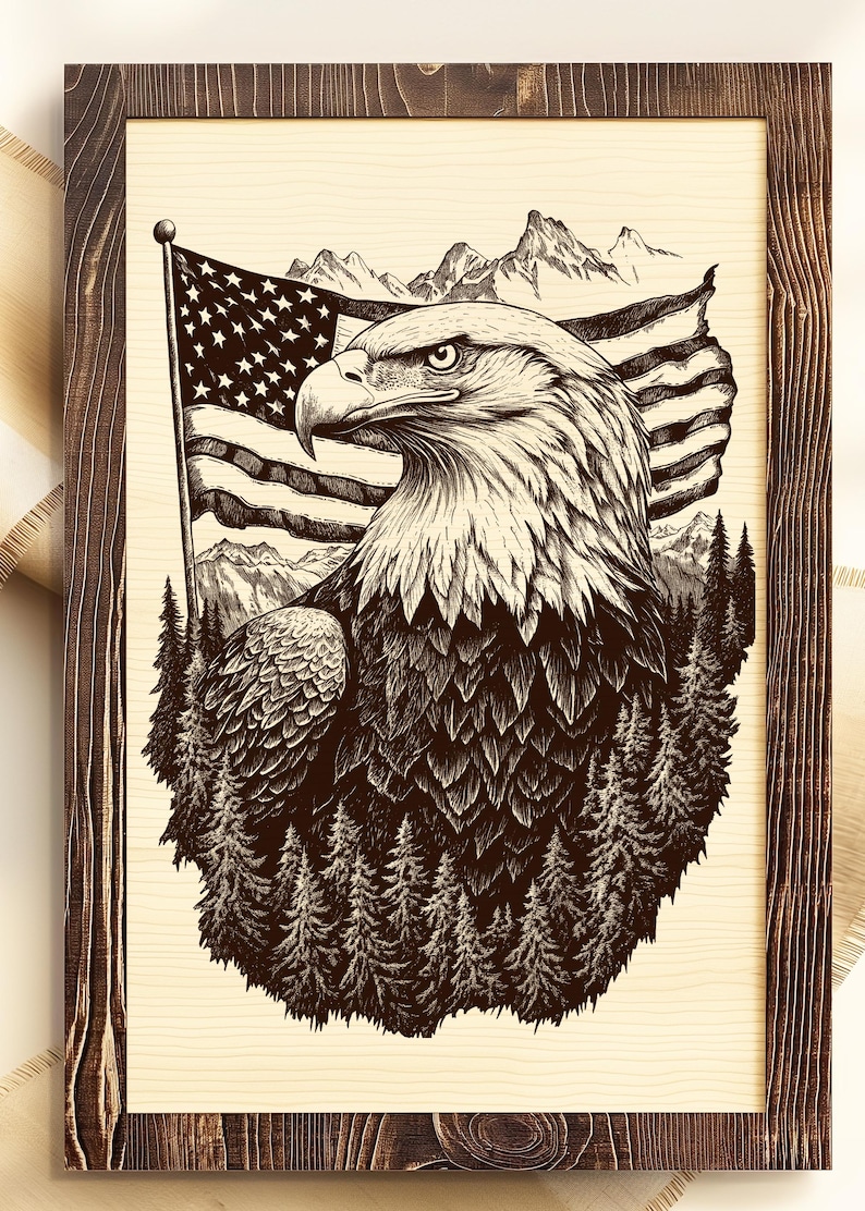Eagle and American Flag Laser Burn File, Eagle and Wildlife Scene ...