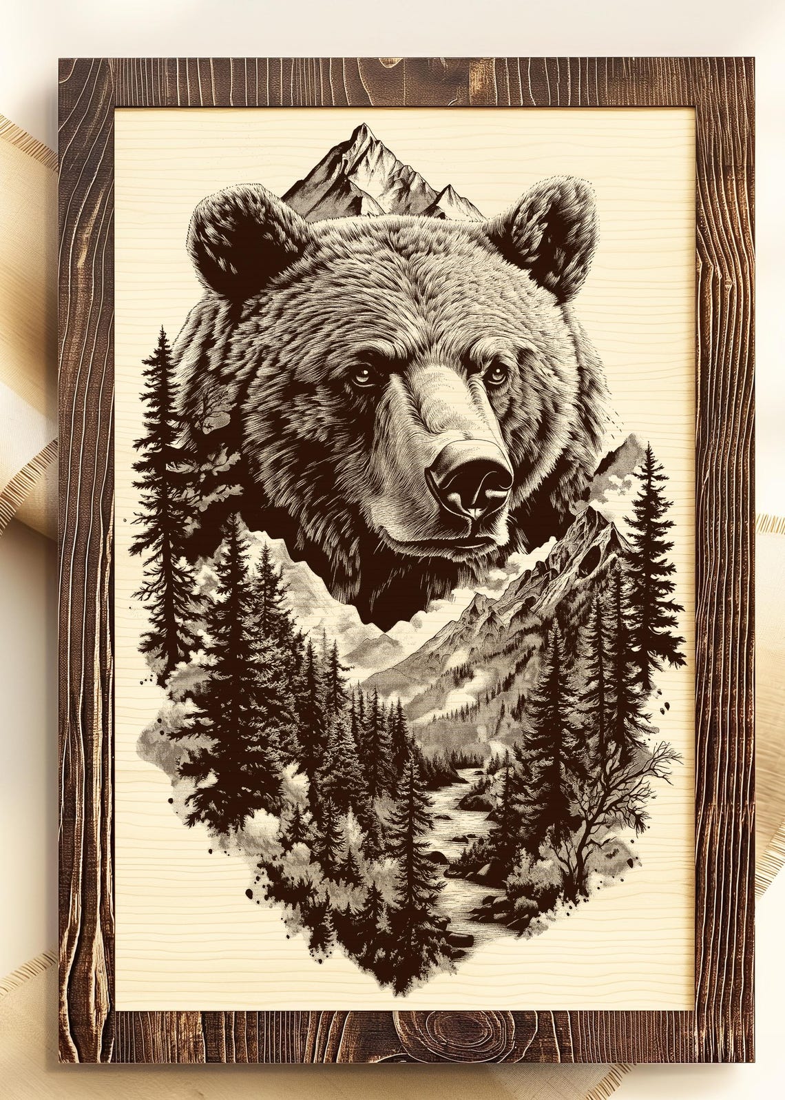 Bear Laser Burn File, Bear and Mountain River Scene Engraving Laser ...