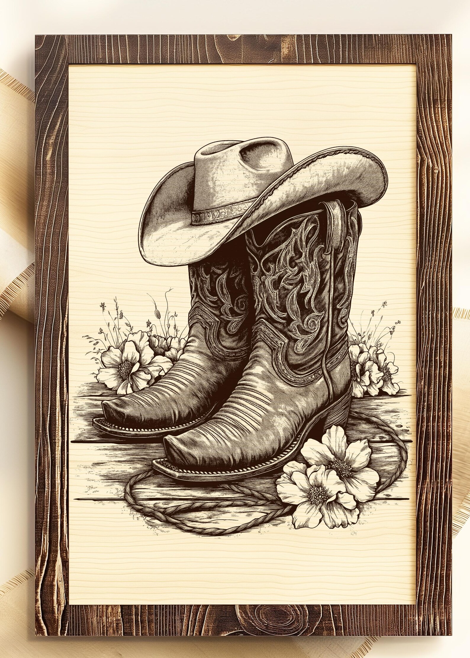 Cowboy Boots Laser Burn File, Cowboy Boots and Flower Scene Engraving ...