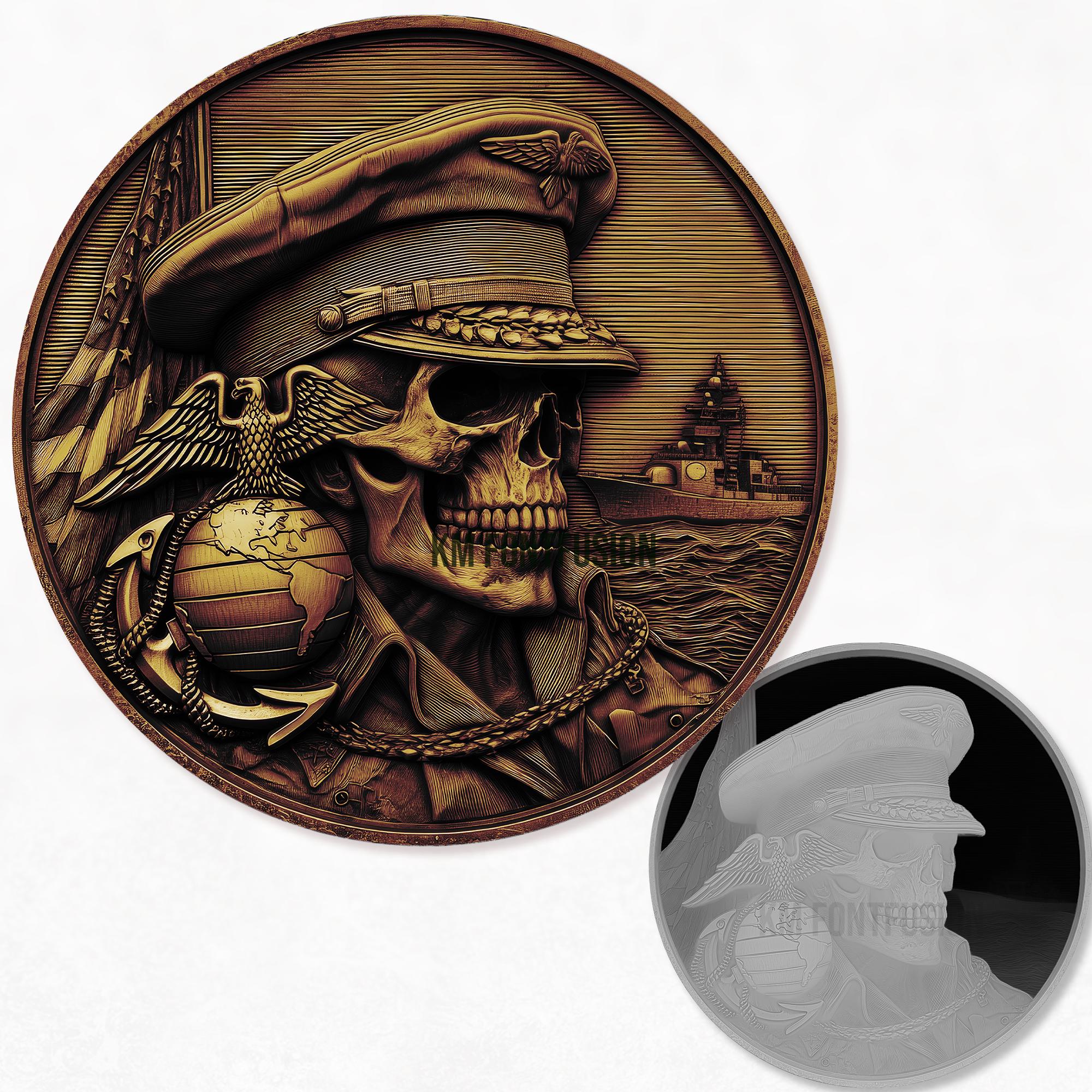 Marine Skull With Eagle, Globe, and Anchor America Flag Grayscale 3D ...