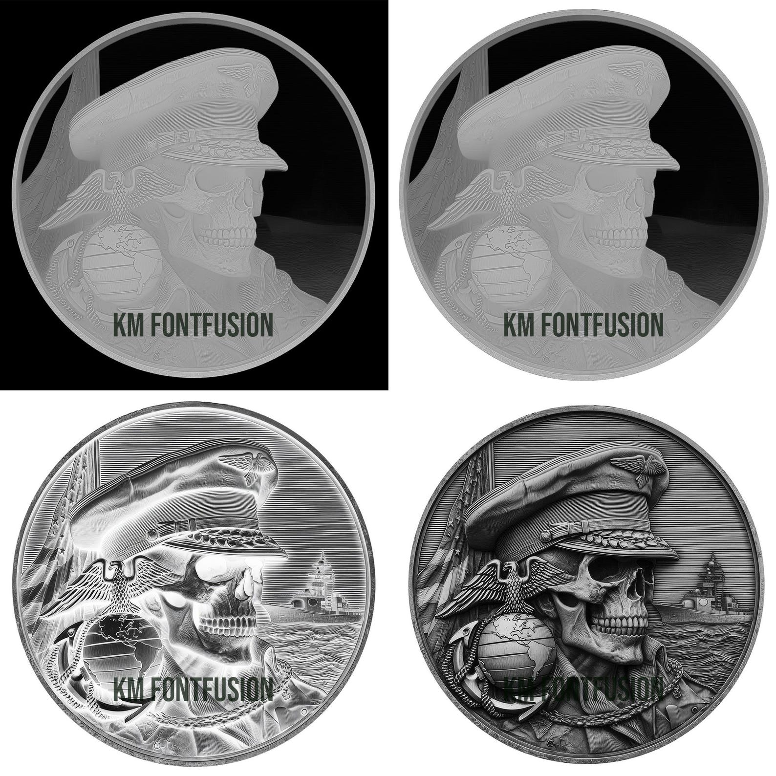 Marine Skull With Eagle, Globe, and Anchor America Flag Grayscale 3D ...