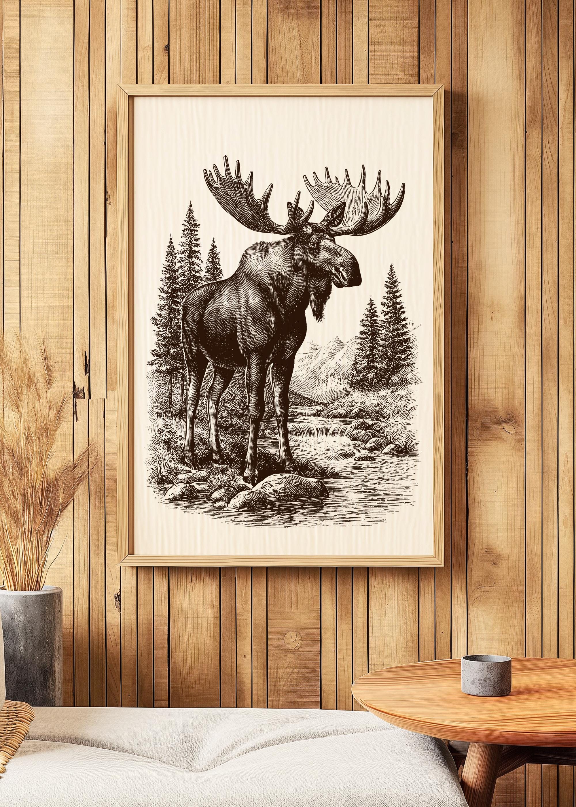 Moose With River Scene, Rustic Wildlife Laser Engraving File, Black and ...