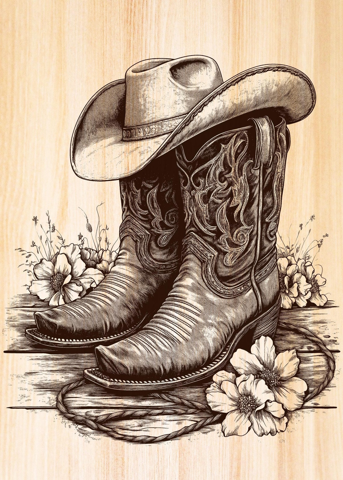 Cowboy Boots Laser Burn File, Cowboy Boots and Flower Scene Engraving ...
