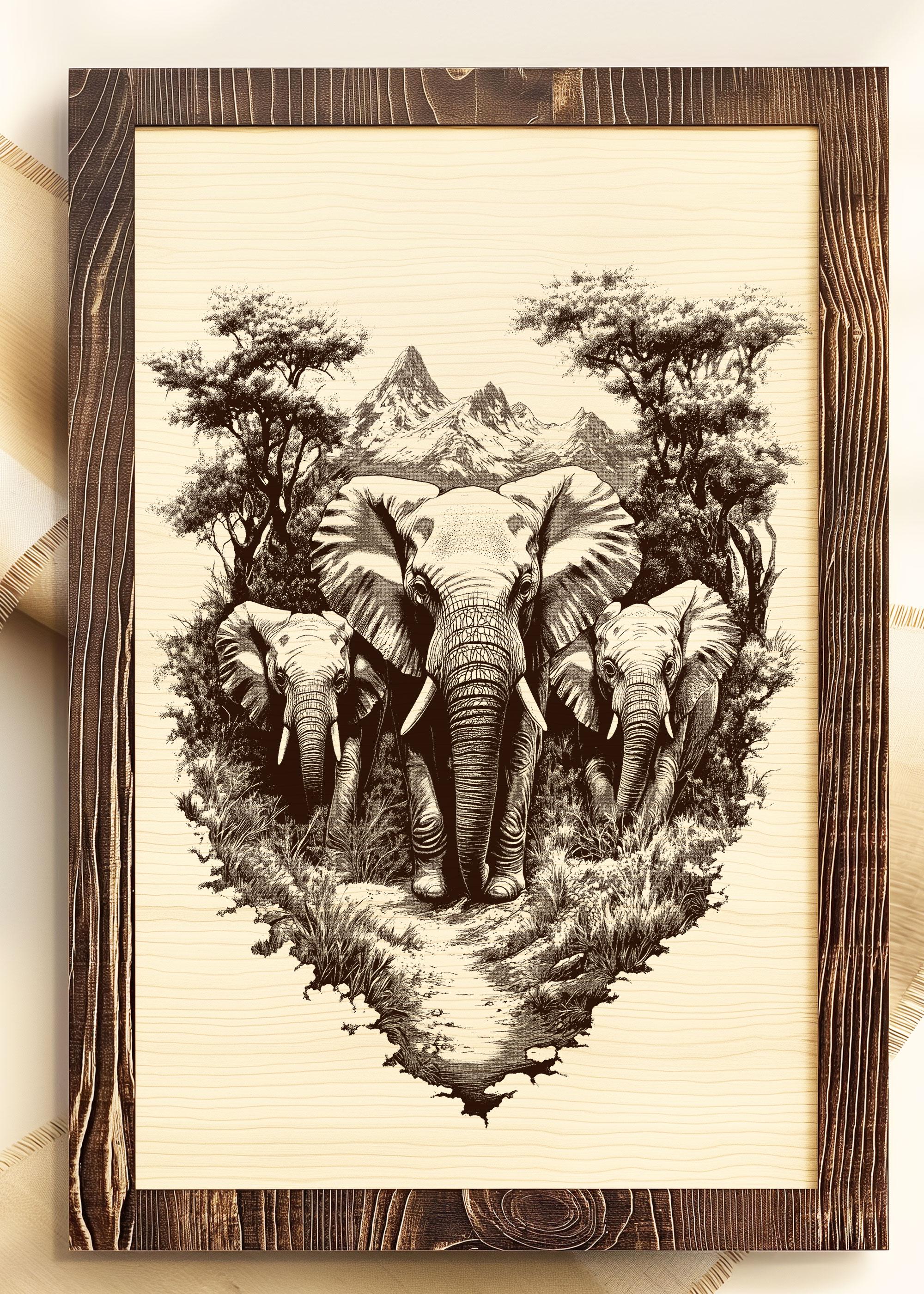 Elephant Laser Burn File, Elephant Family in the Forest Scene Engraving ...