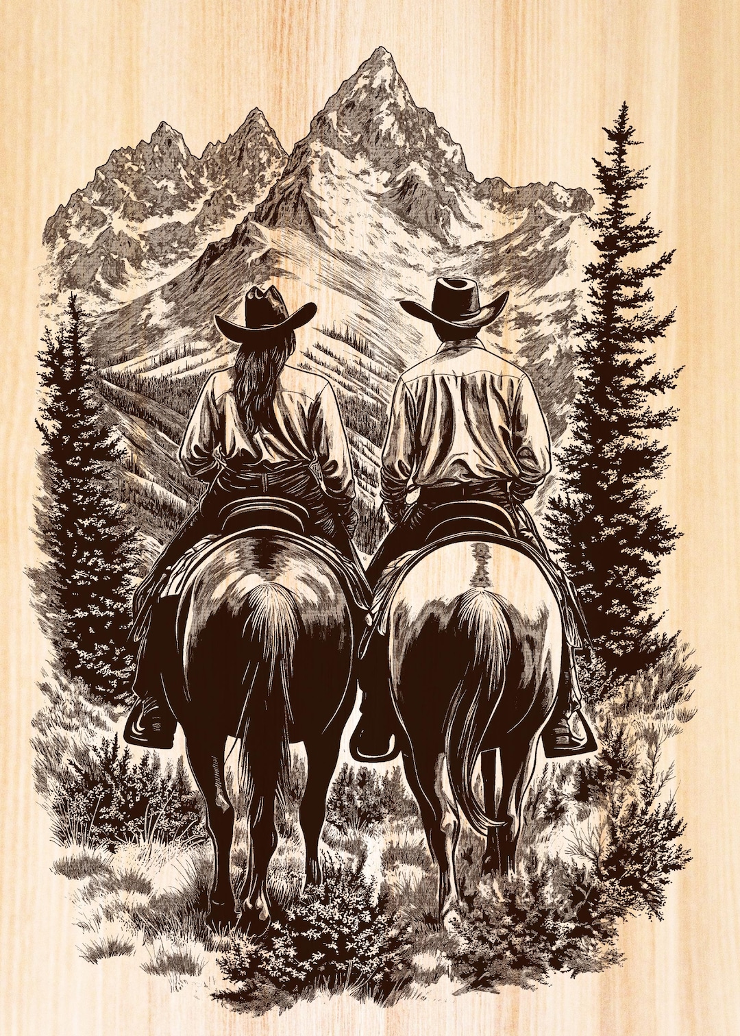 Western Cowboy Laser Burn PNG Files, Cowboy Couple Riding Horses on a ...