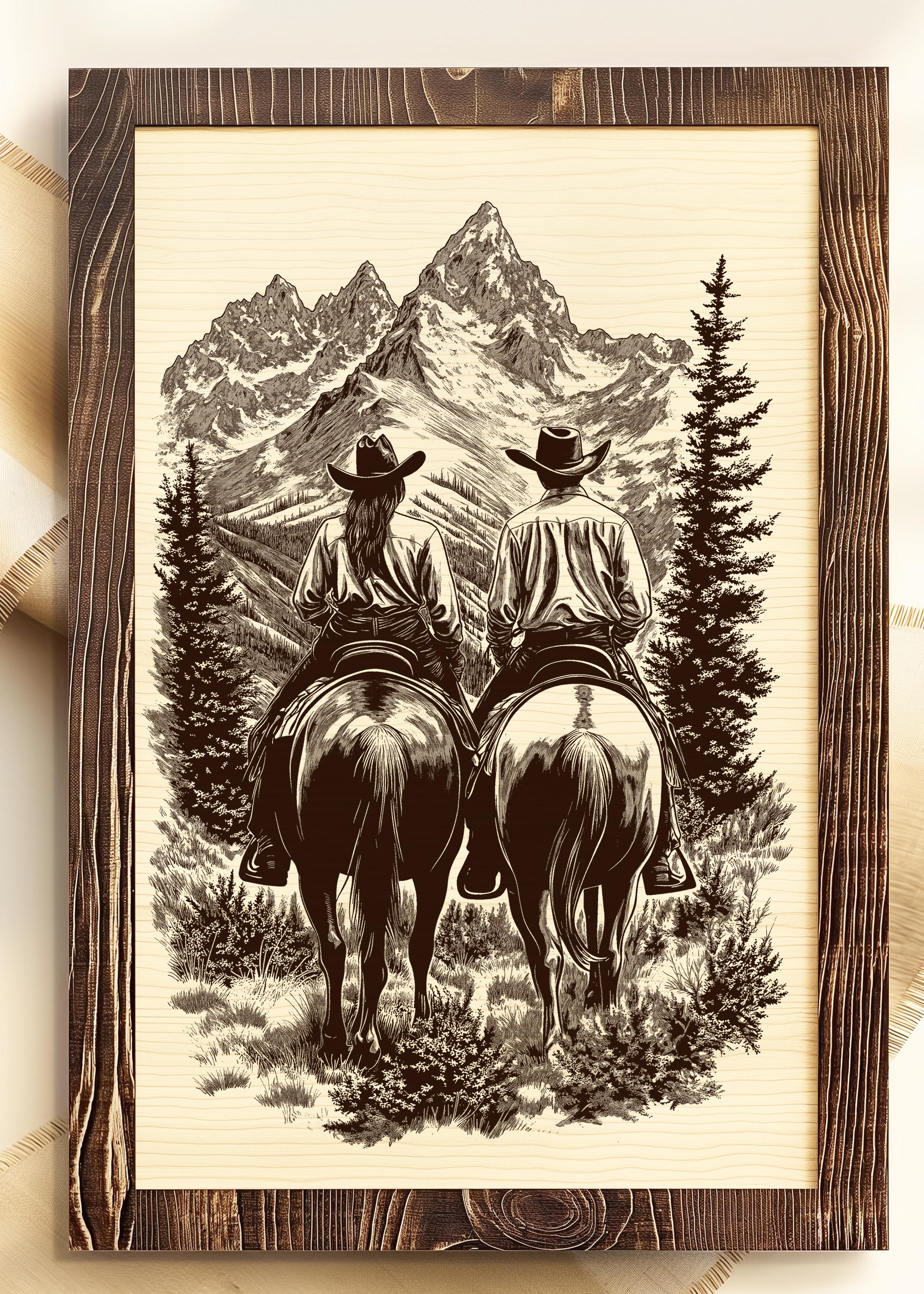 Western Cowboy Laser Burn PNG Files, Cowboy Couple Riding Horses on a ...