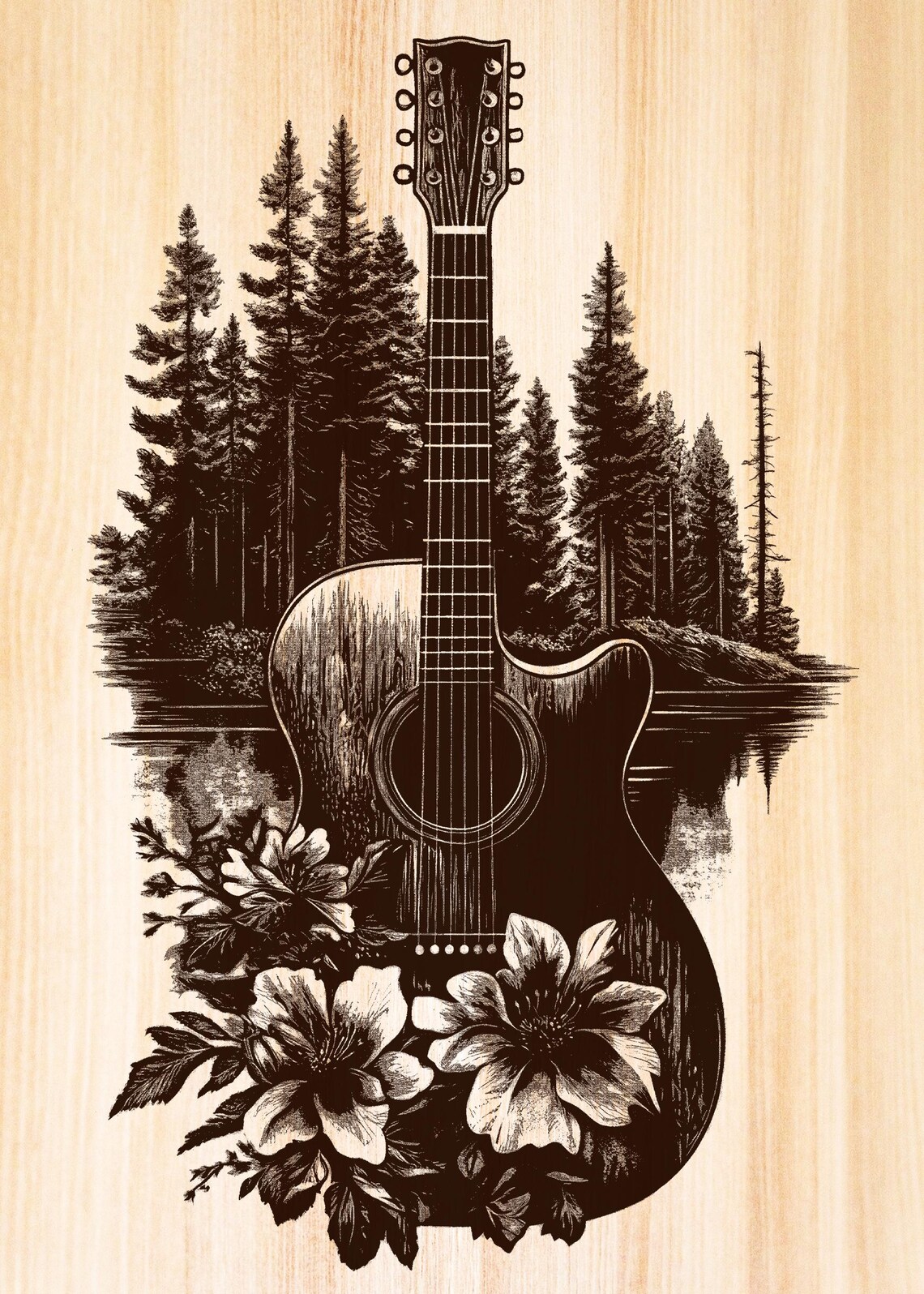 Guitar Forest Laser Burn PNG Files, Guitar and Wild Flowers Scene ...
