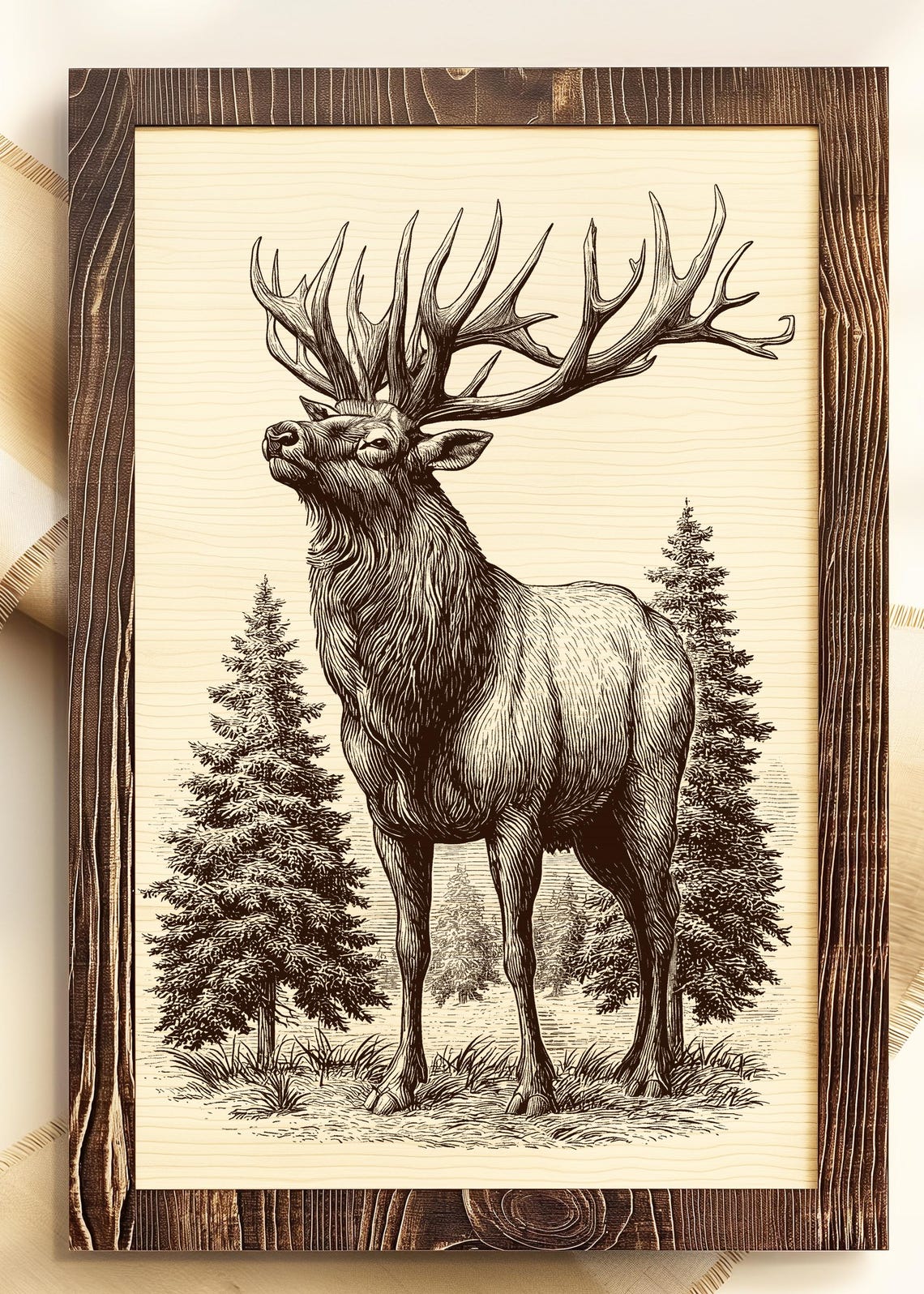Elk Buck With Pine Forest Background, Rustic Wildlife Laser Engraving ...