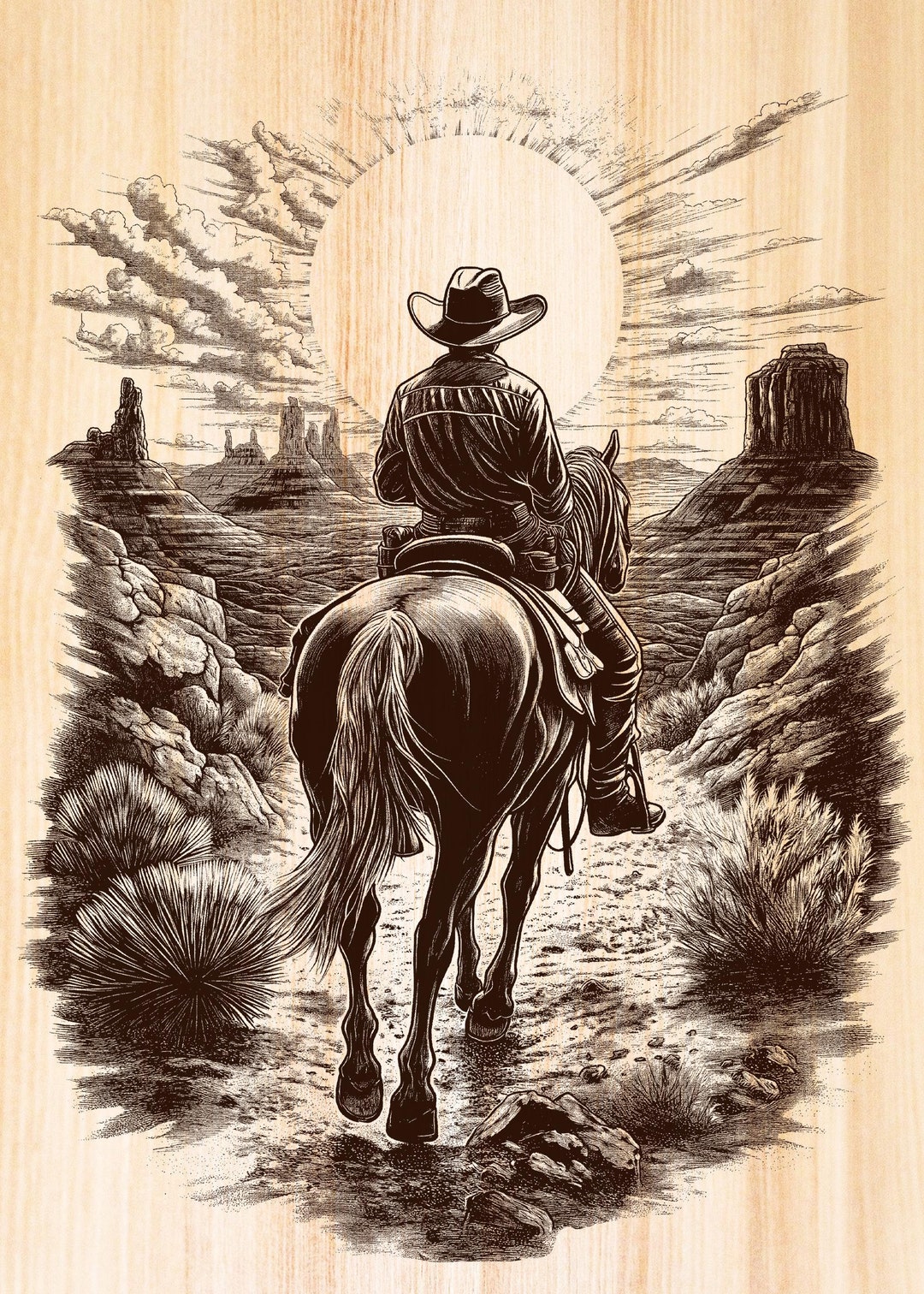 Cowboy Laser Burn File, Cowboy Riding a Horse in the Middle of a Valley ...