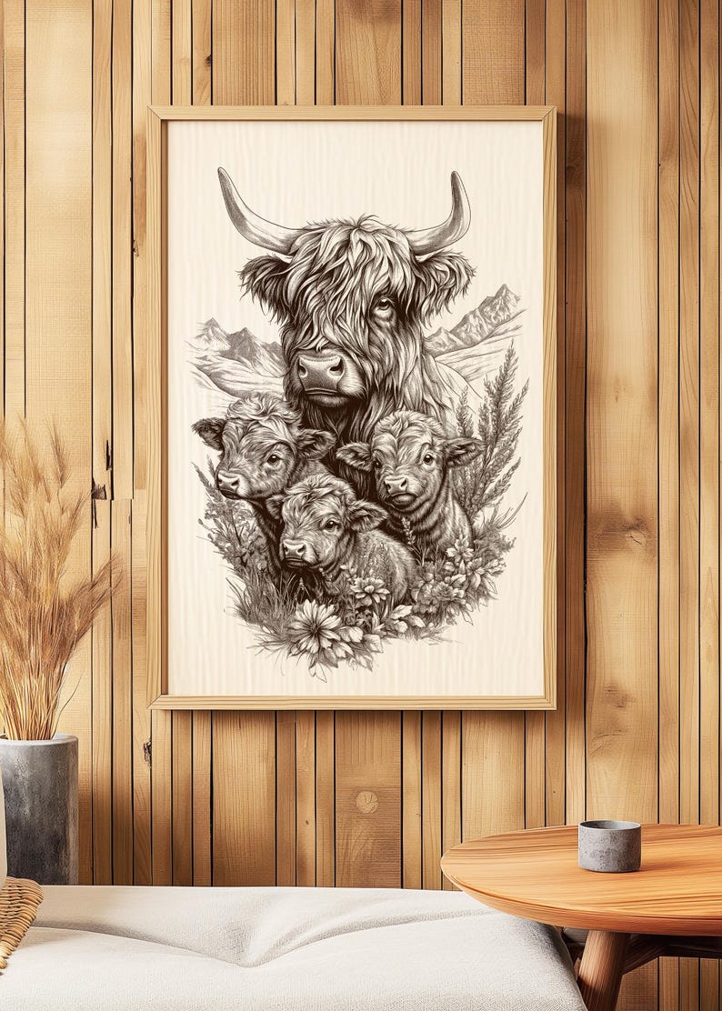 Baby Highland Cow Laser Burn File, Highland Cow and Mountain Scene ...