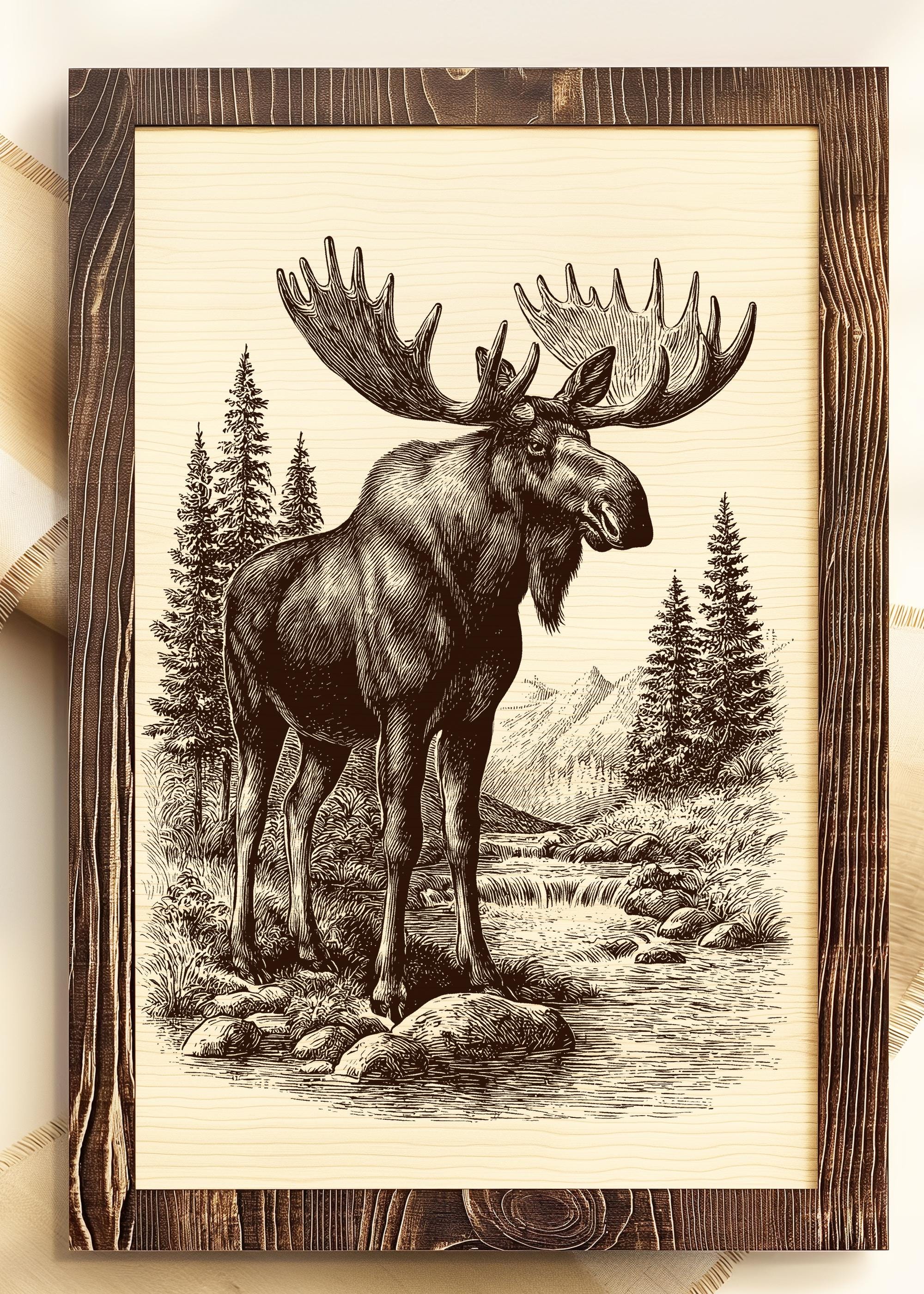 Moose With River Scene, Rustic Wildlife Laser Engraving File, Black and ...