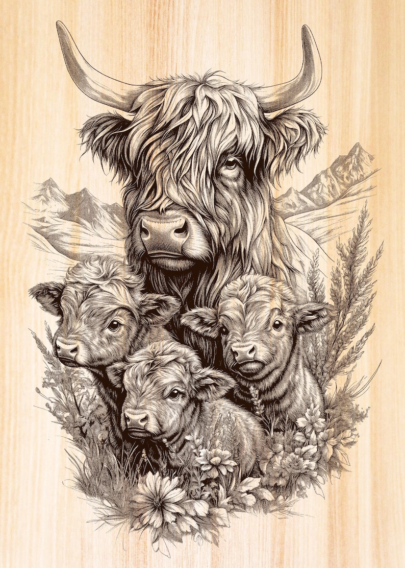 Baby Highland Cow Laser Burn File, Highland Cow and Mountain Scene ...