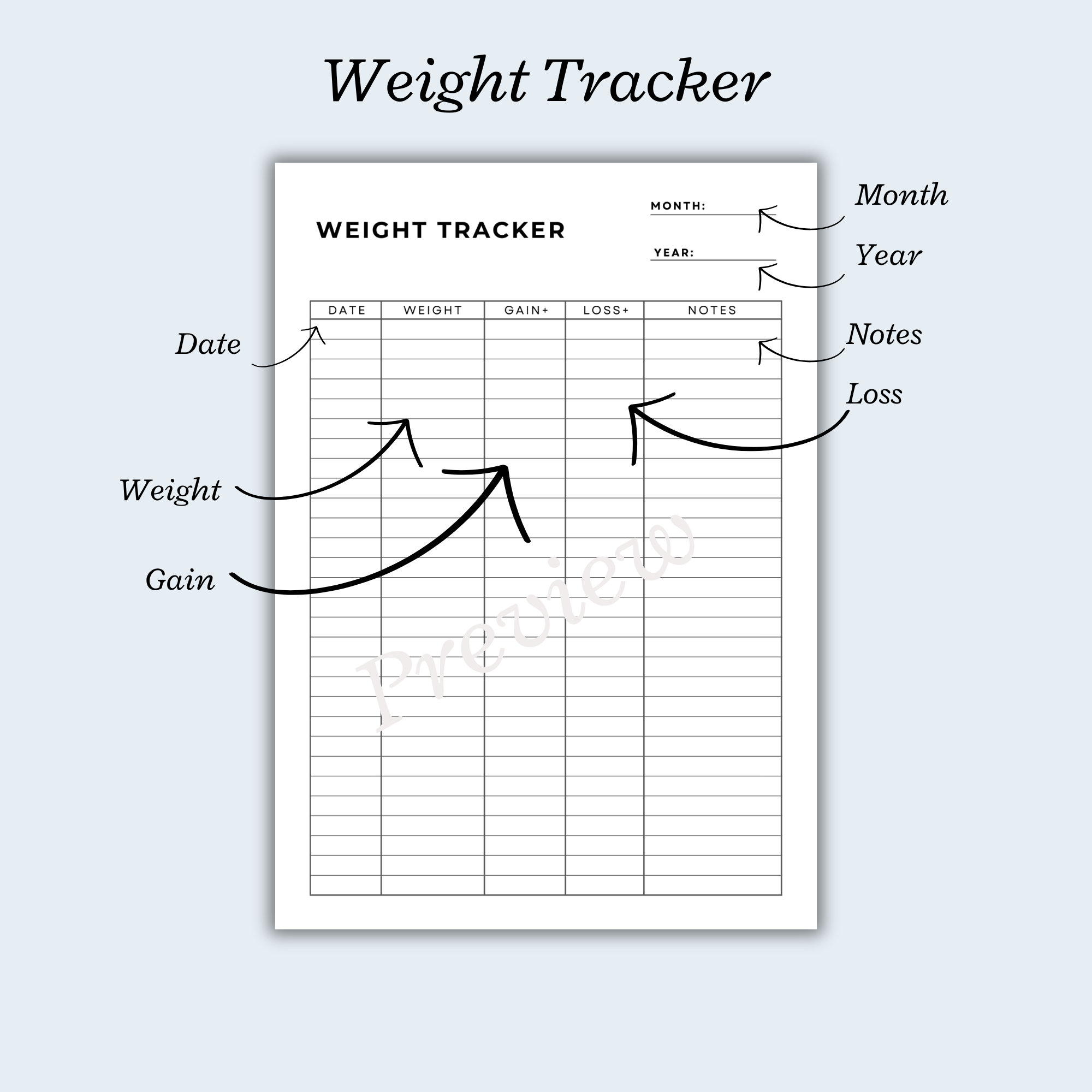 Printable Weight Tracker: Weight Loss/gain Log (a4/a5/letter/half ...