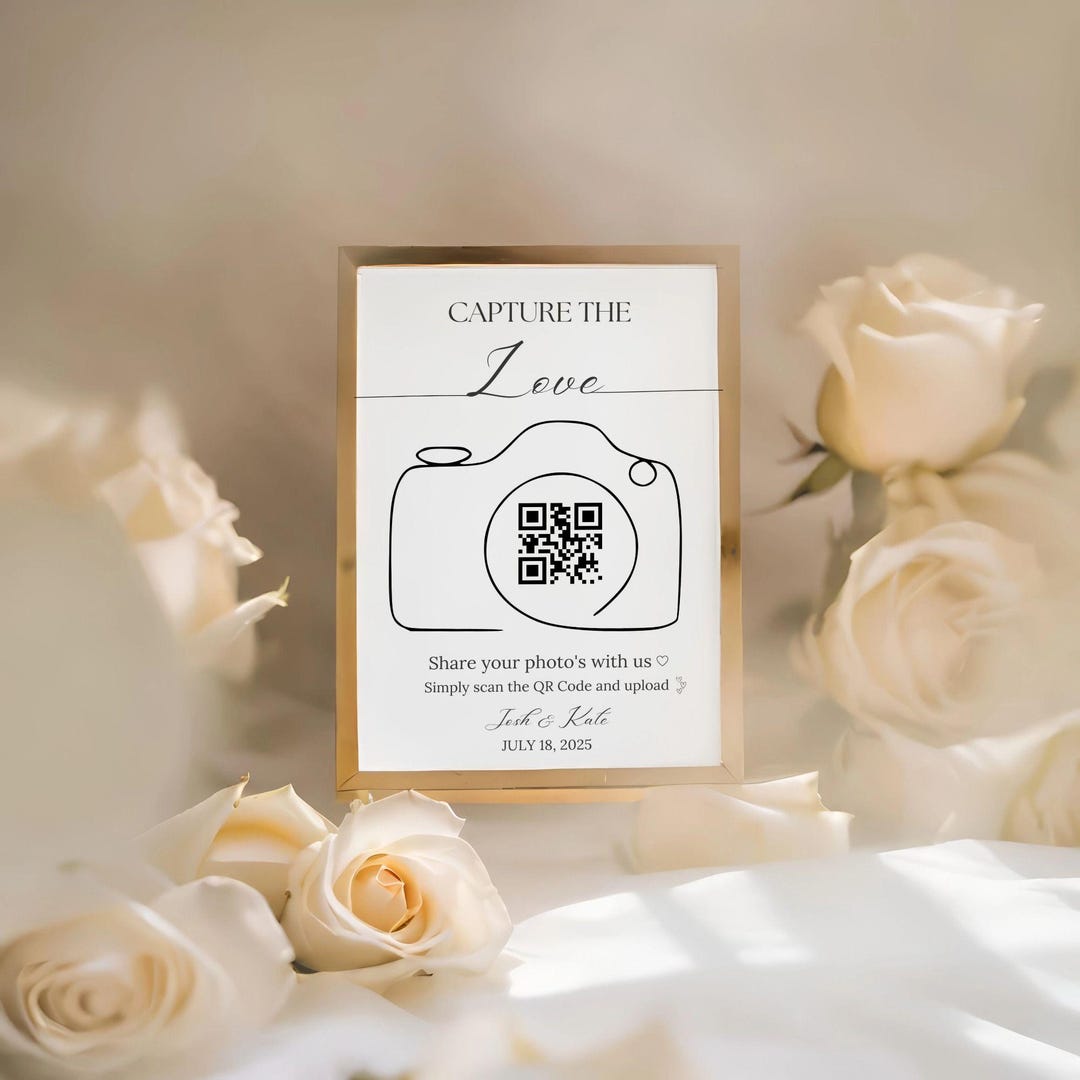 Customizable Wedding Photo Sharing Sign: Elegant QR Code Canva Template ...