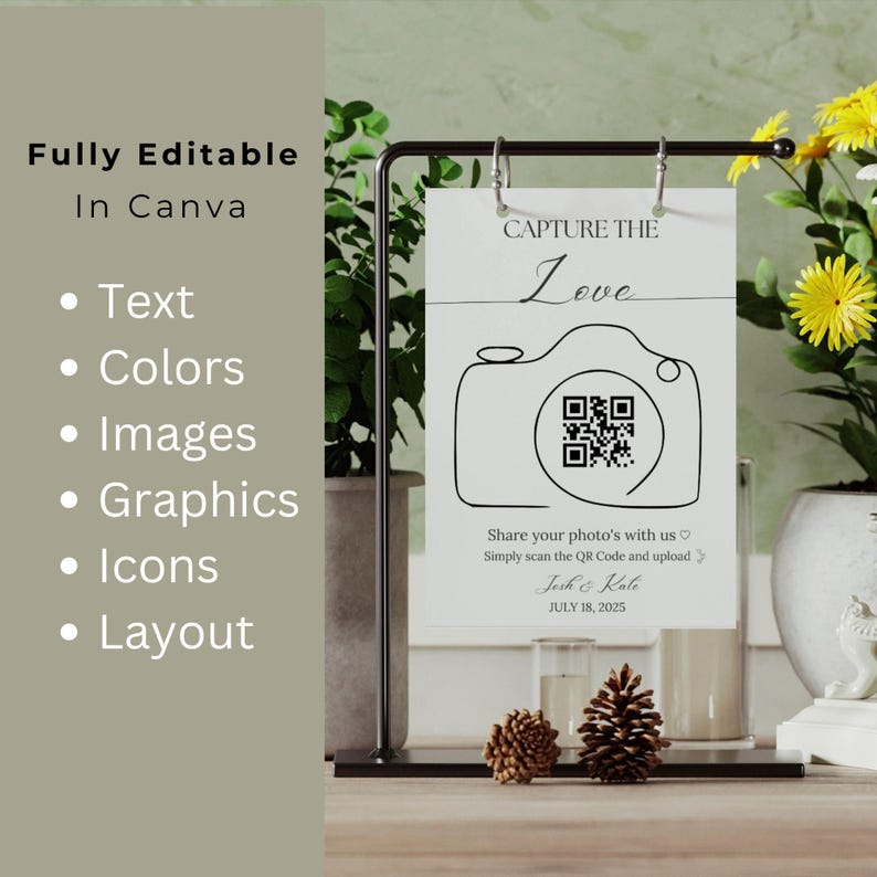 Customizable Wedding Photo Sharing Sign: Elegant QR Code Canva Template ...